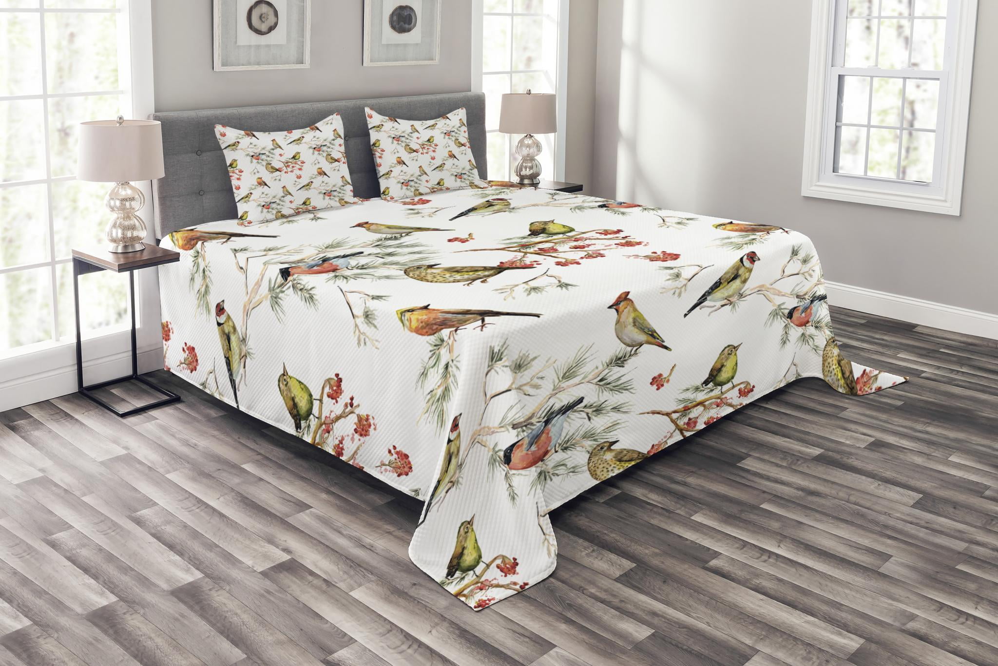 Ambesonne Animal Quilted Bedspread Set 3 Pcs, Colorful Forest Birds ...