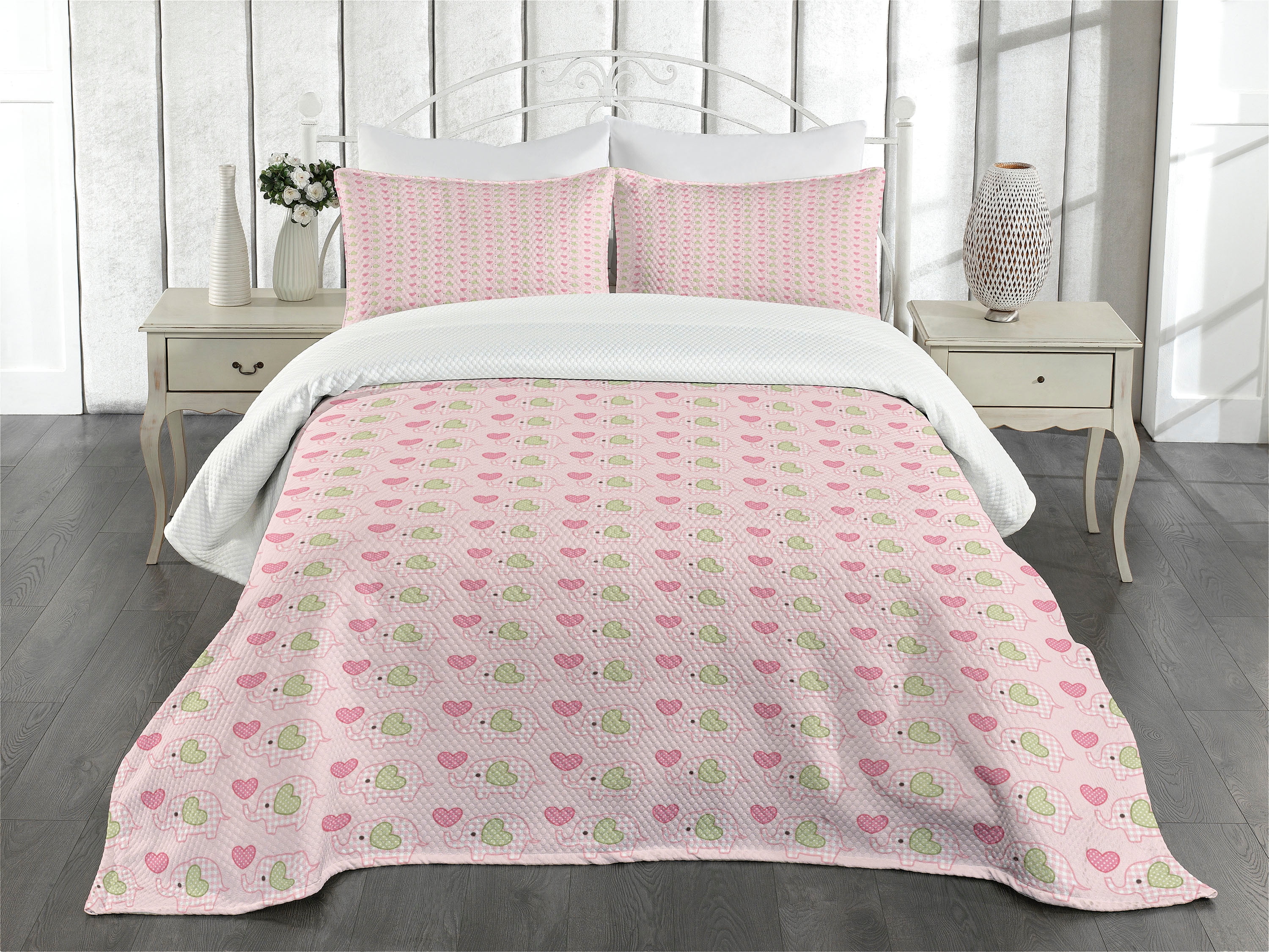 Ambesonne Animal Quilted Bedspread Set 3 Pcs, Dots Hearts Checkered ...