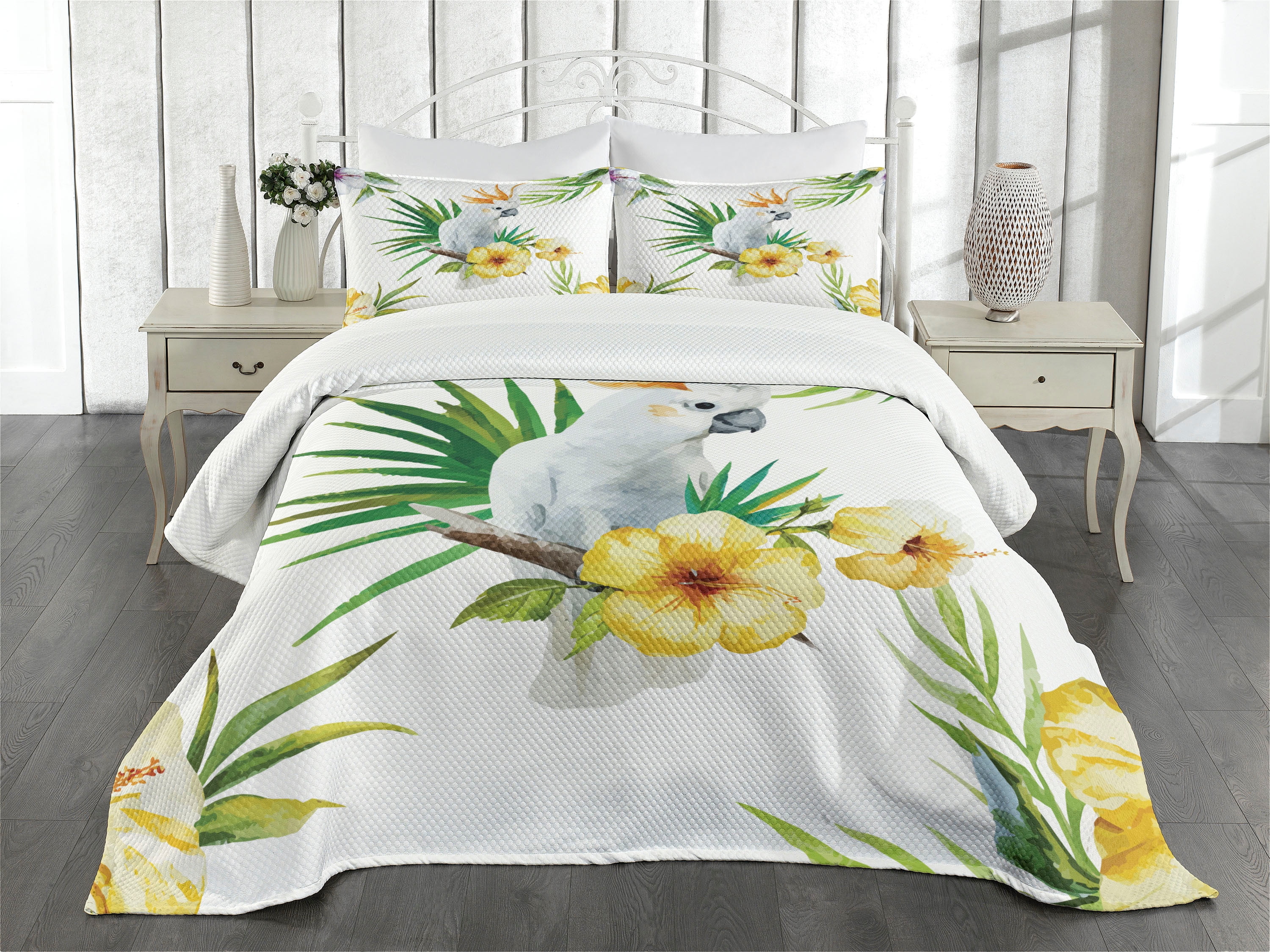 Ambesonne Animal Quilted Bedspread Set 3 Pcs, Hibiscus with Wild Birds ...