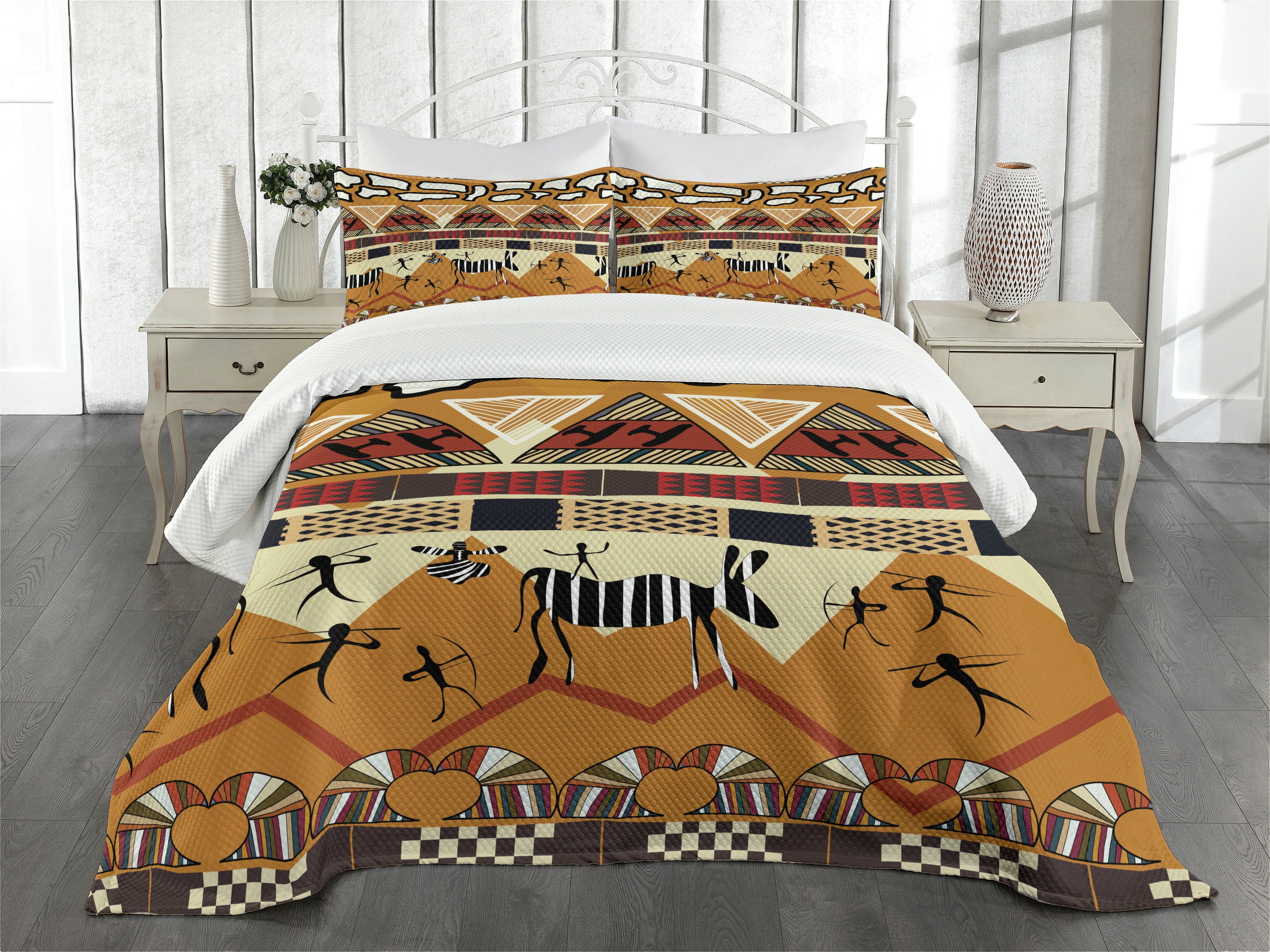 Ambesonne Animal Quilted Bedspread Set 3 Pcs, Hunt Zebra Tribe Ethnic ...