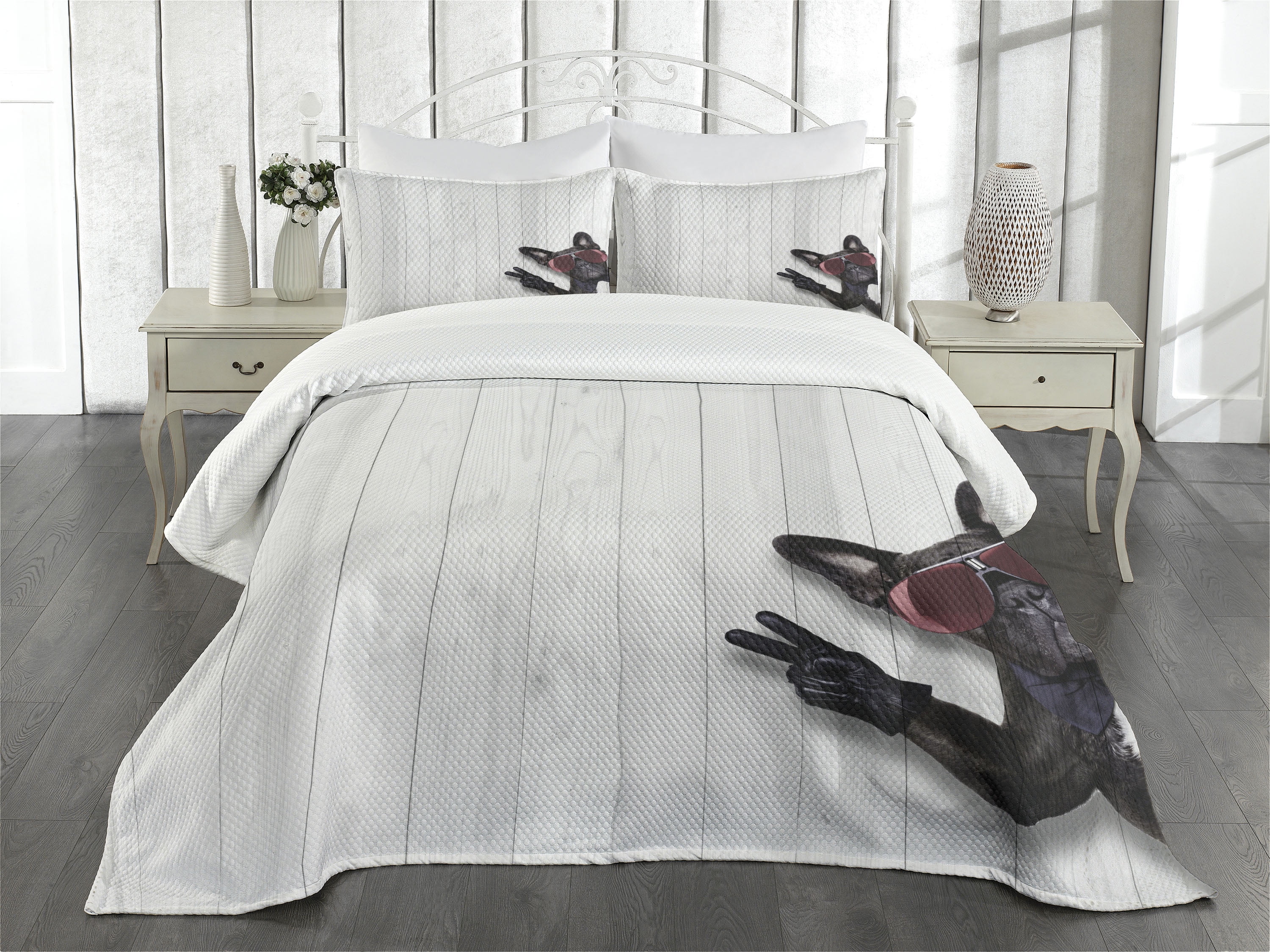 Ambesonne Animal Quilted Bedspread Set 3 Pcs, Husky Dog Peace Sign ...
