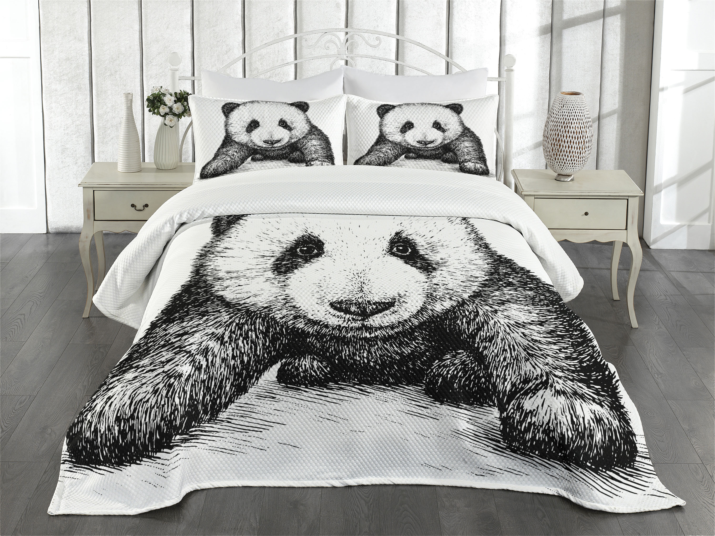 Ambesonne Animal Quilted Bedspread Set 3 Pcs, Panda Bear Sketch, Queen ...