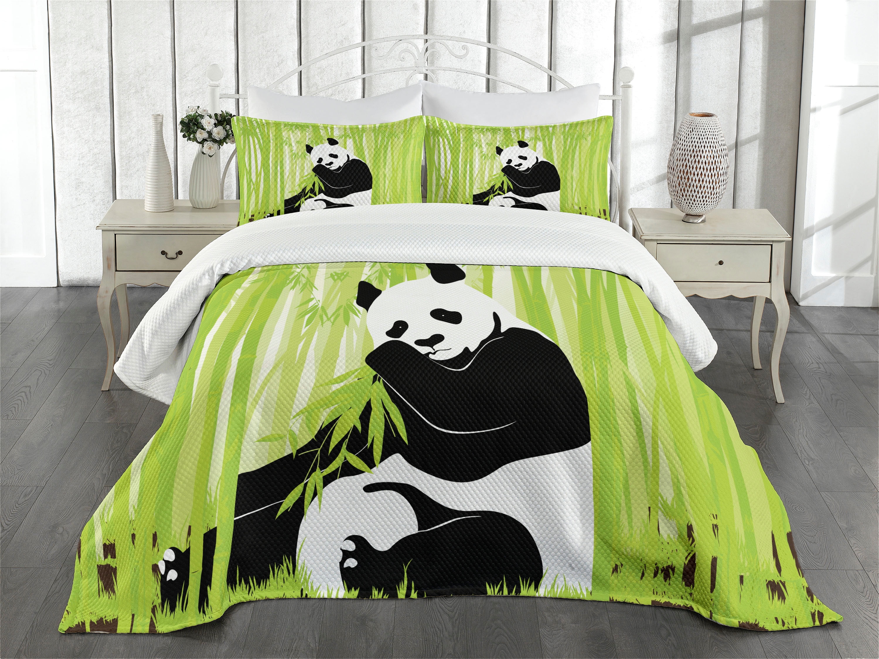 Ambesonne Animal Quilted Bedspread Set 3 Pcs, Panda in Wild Exotic ...