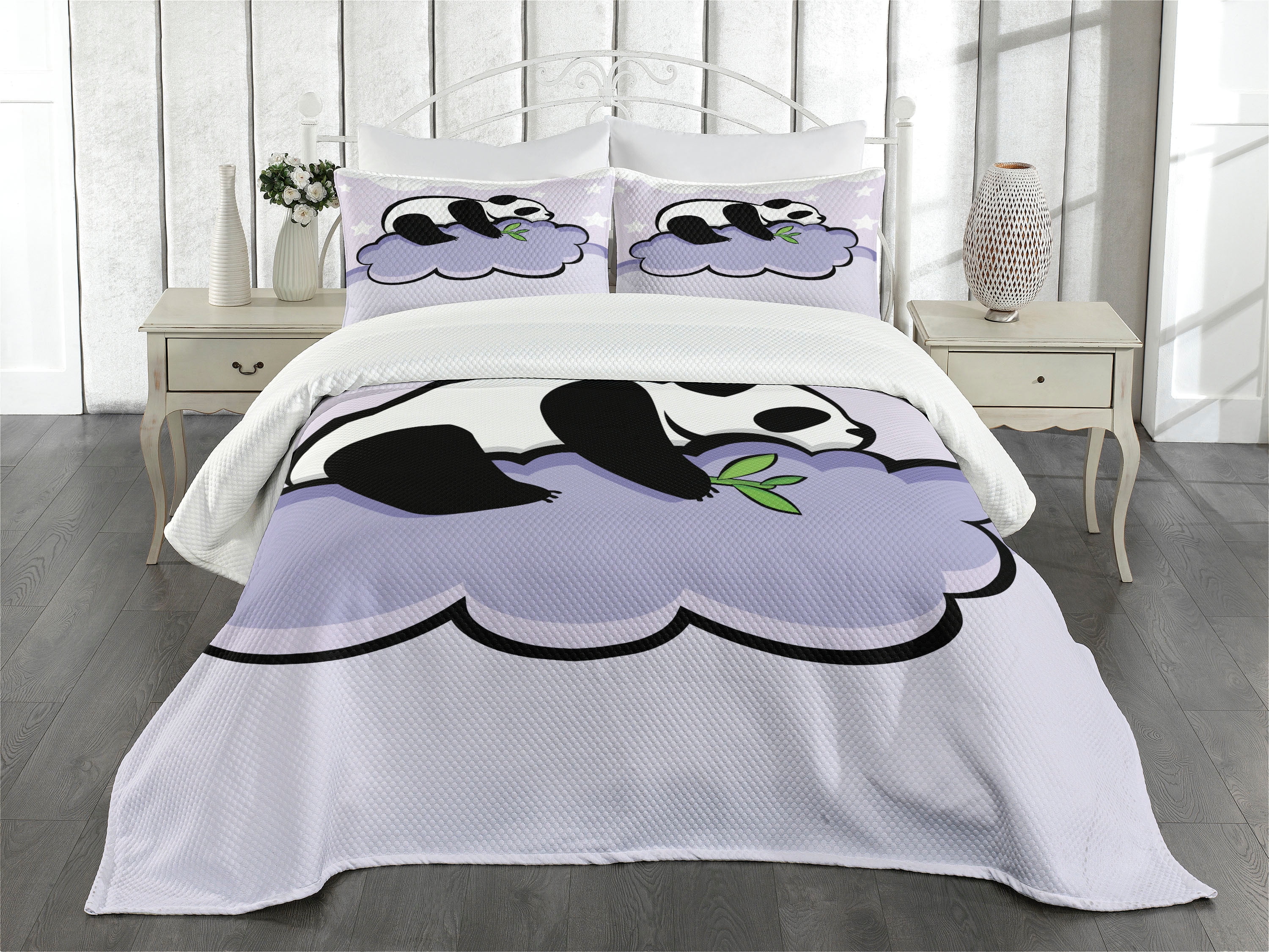 Ambesonne Animal Quilted Bedspread Set 3 Pcs, Sleeping Panda on Cloud ...