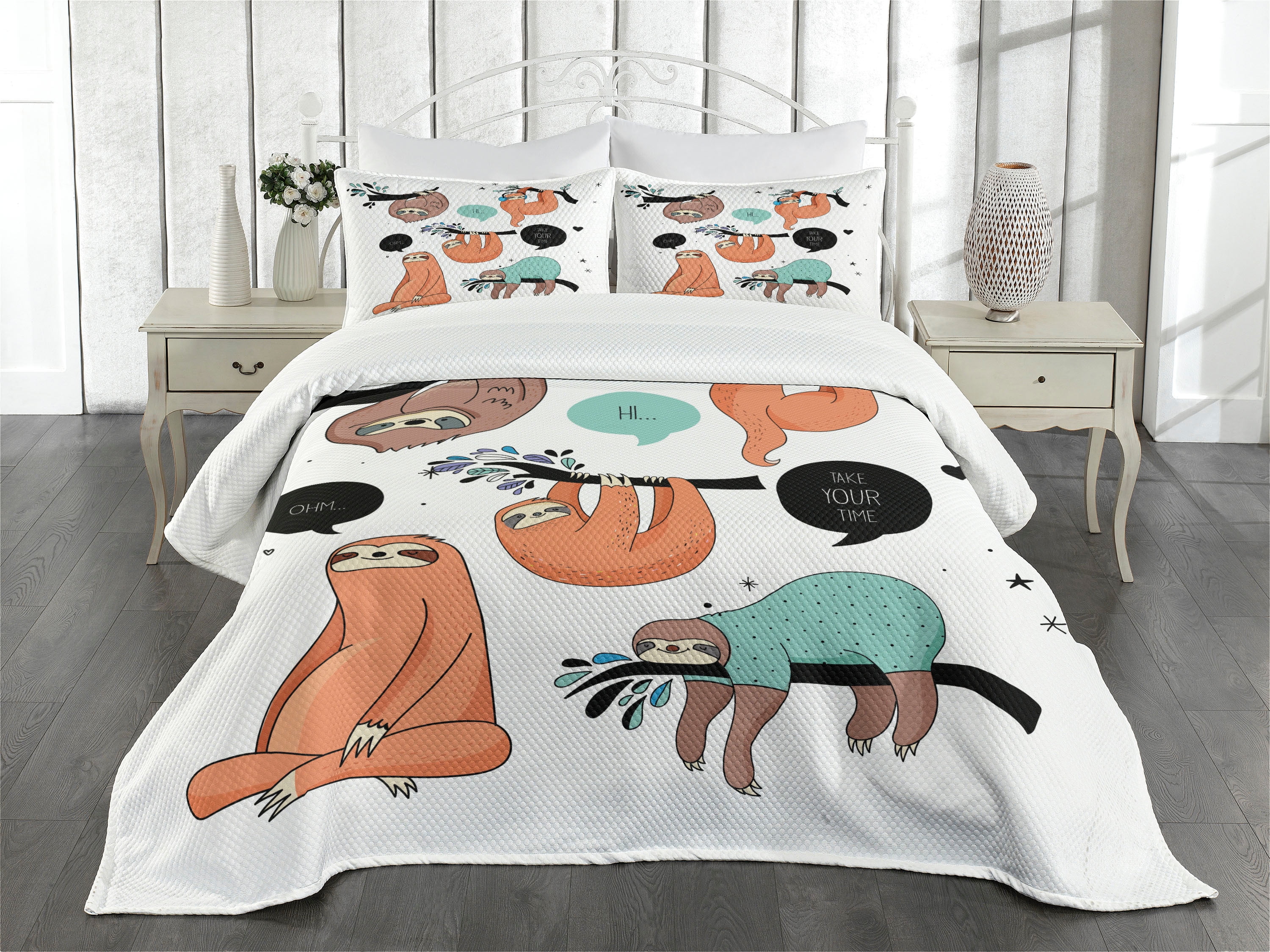 Ambesonne Animal Quilted Bedspread Set 3 Pcs, Smiling Sloth Cartoon ...