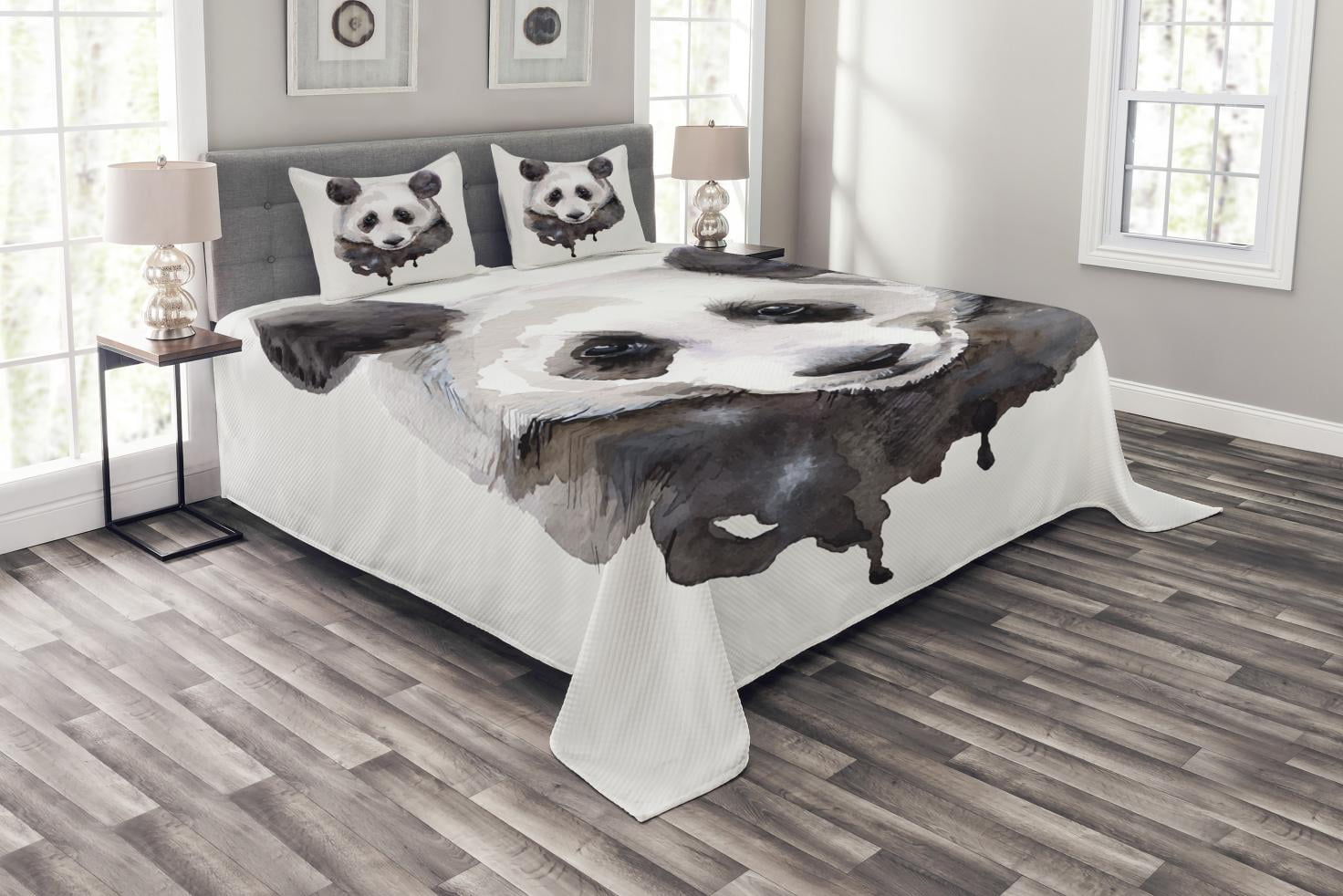 Ambesonne Animal Quilted Bedspread Set 3 Pcs, Watercolor Panda Bear ...