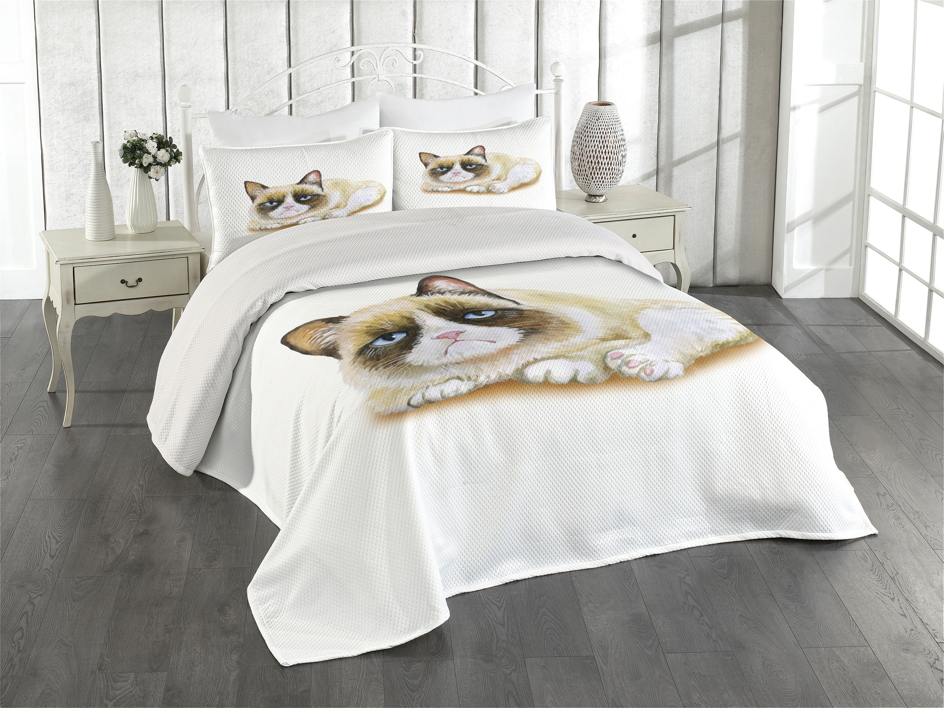 Ambesonne Animal Quilted Coverlet 3 Pcs, Grumpy Angry Cat Love, Queen ...