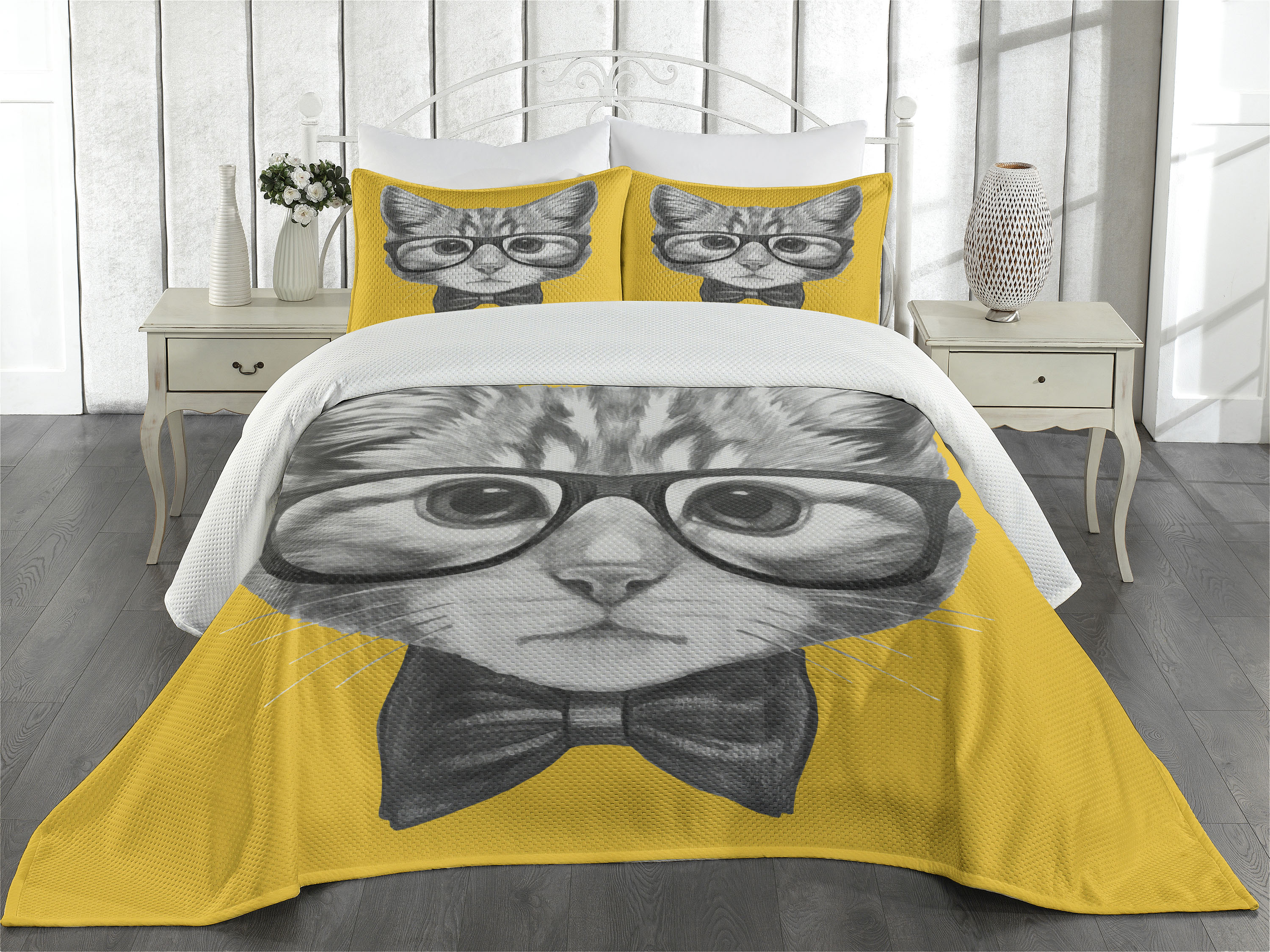 Ambesonne Animal Quilted Coverlet 3 Pcs, Hipster Kitten Cat, Queen Size ...