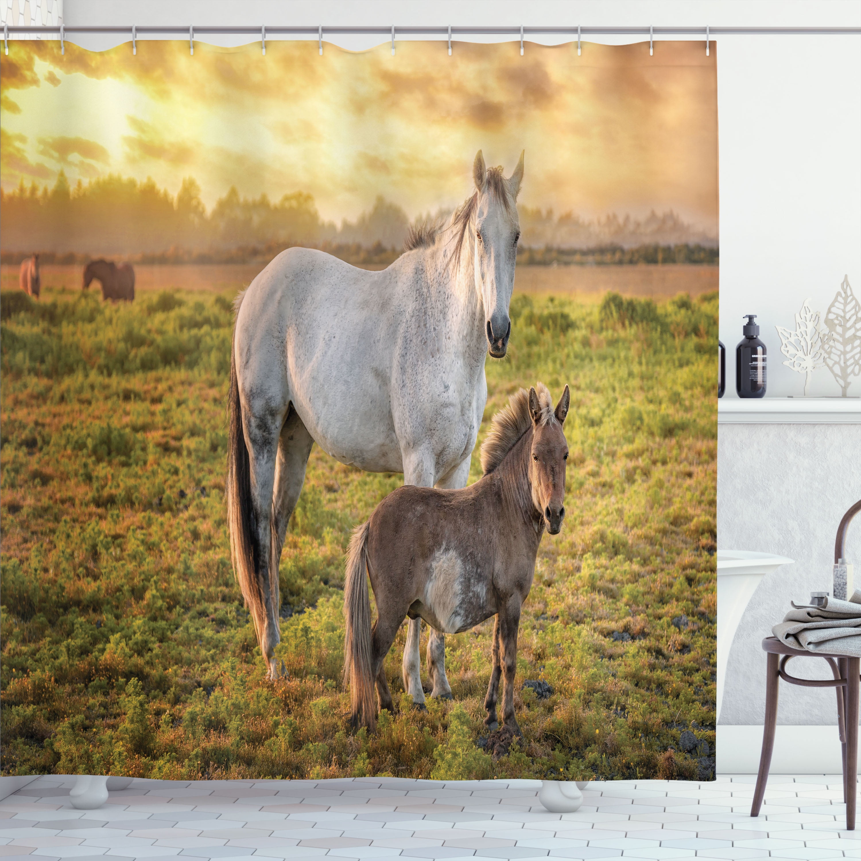 Ambesonne Animal Shower Curtain, Horses in Pasture Sunset, 69"Wx84"L ...
