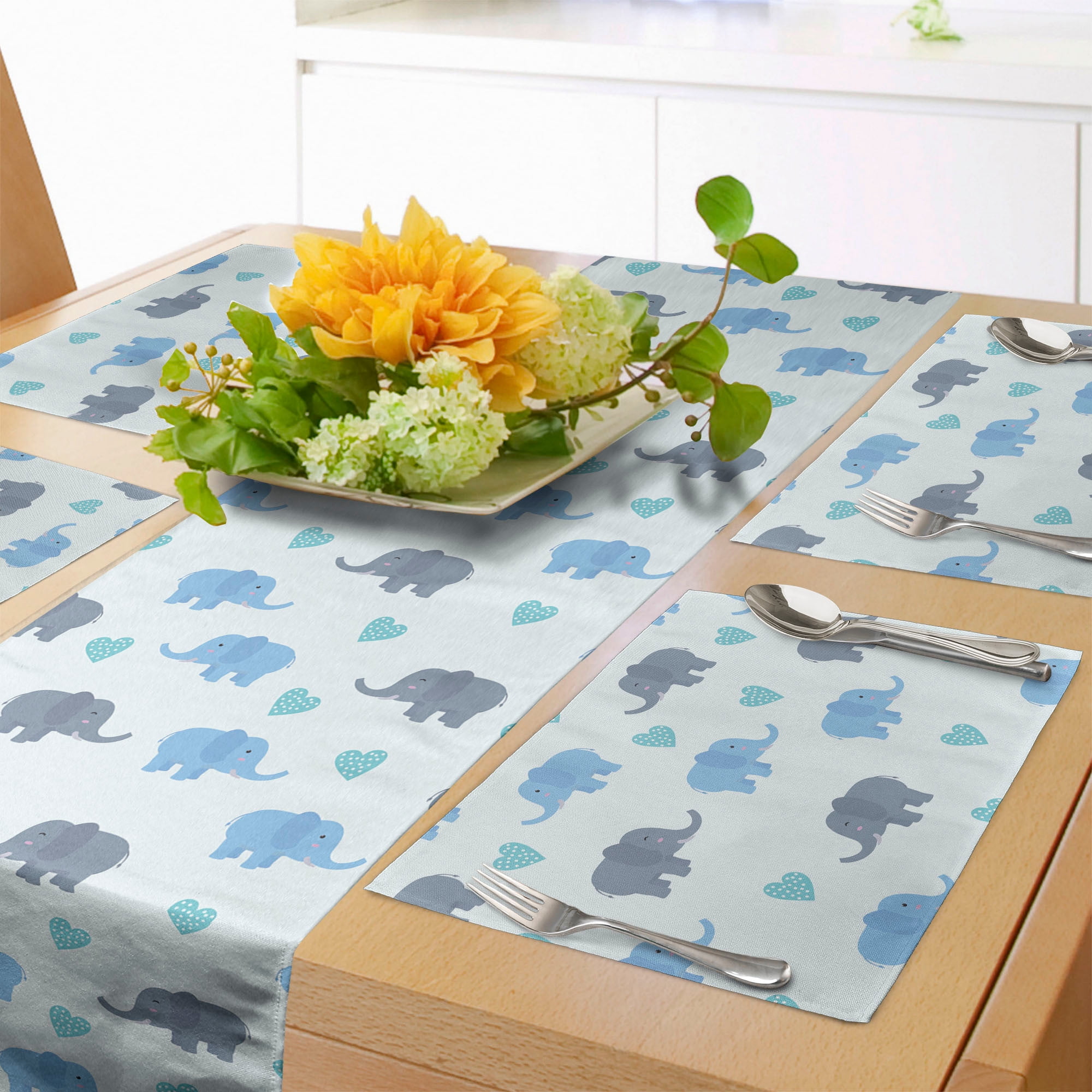 Ambesonne Animal Table Runner & Placemats, Big Animals Dotted Hearts ...