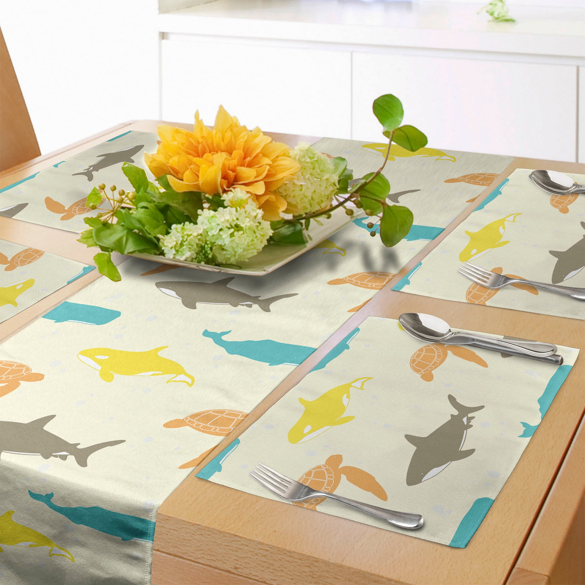 Ambesonne Animal Table Runner & Placemats, Whale Shark and Turtle ...