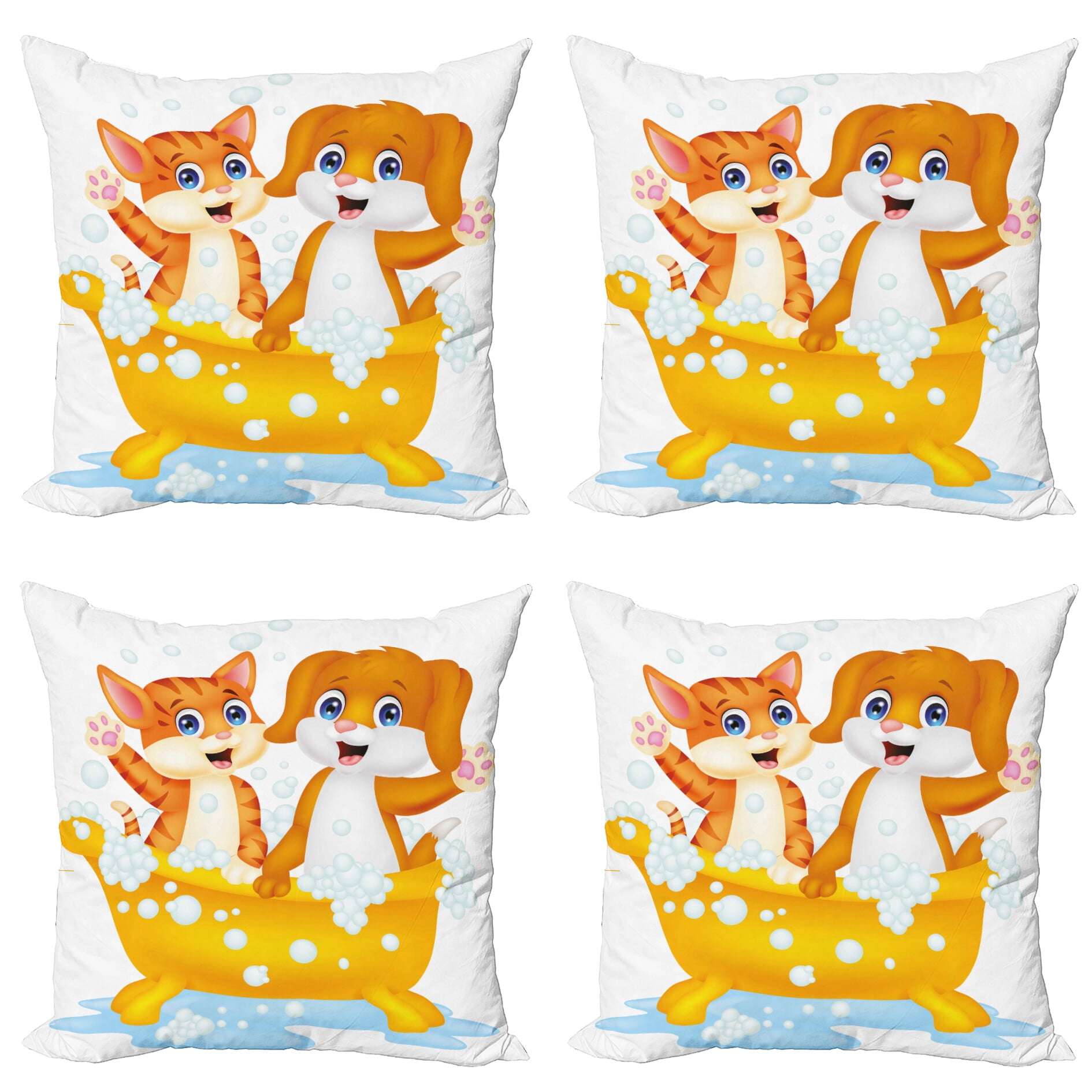 Ambesonne Animal Throw Pillow Cover 4 Pack, Cartoon Cat and Dog Bath ...
