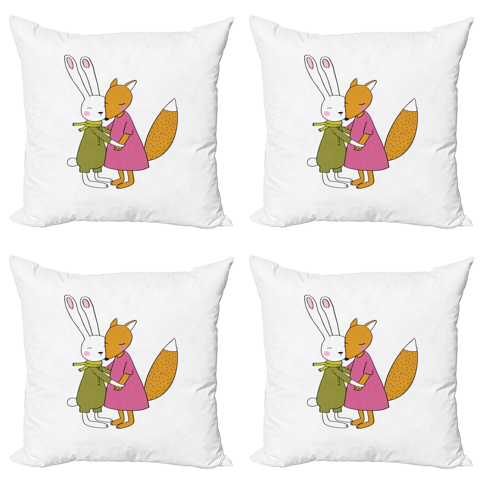 Ambesonne Animal Throw Pillow Cover 4 Pack, Fox and Hare Hugging, 16", Pink Amber Olive Green ...