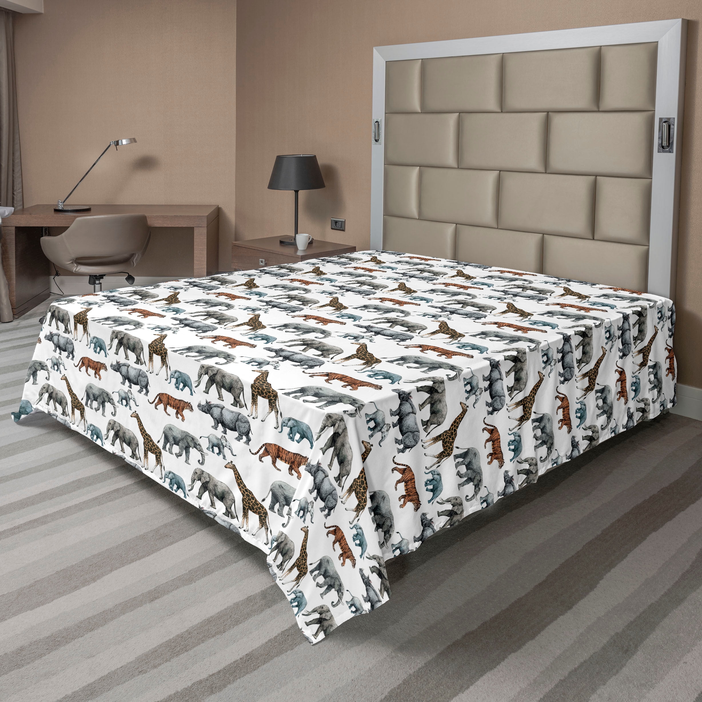 Ambesonne Animals Flat Bedding Sheet Soft Top Sheet, Tiger Hippo ...