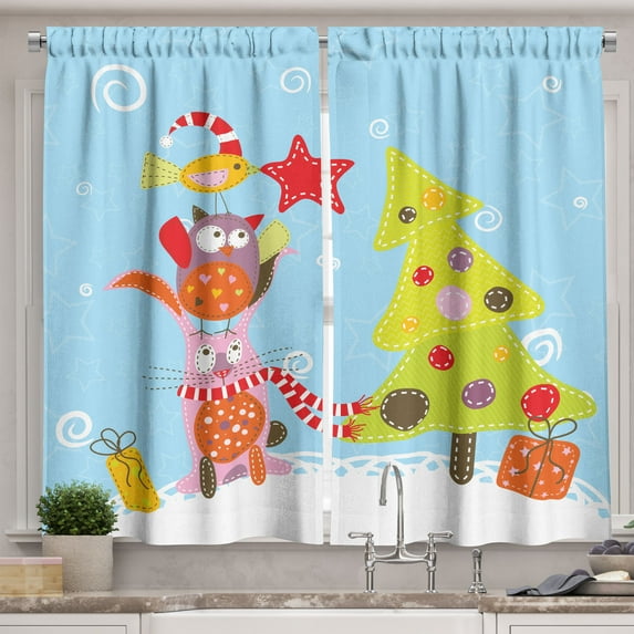 Ambesonne Animals Kitchen Curtains, Cartoon Style Cat Owl, 55"x36 ...