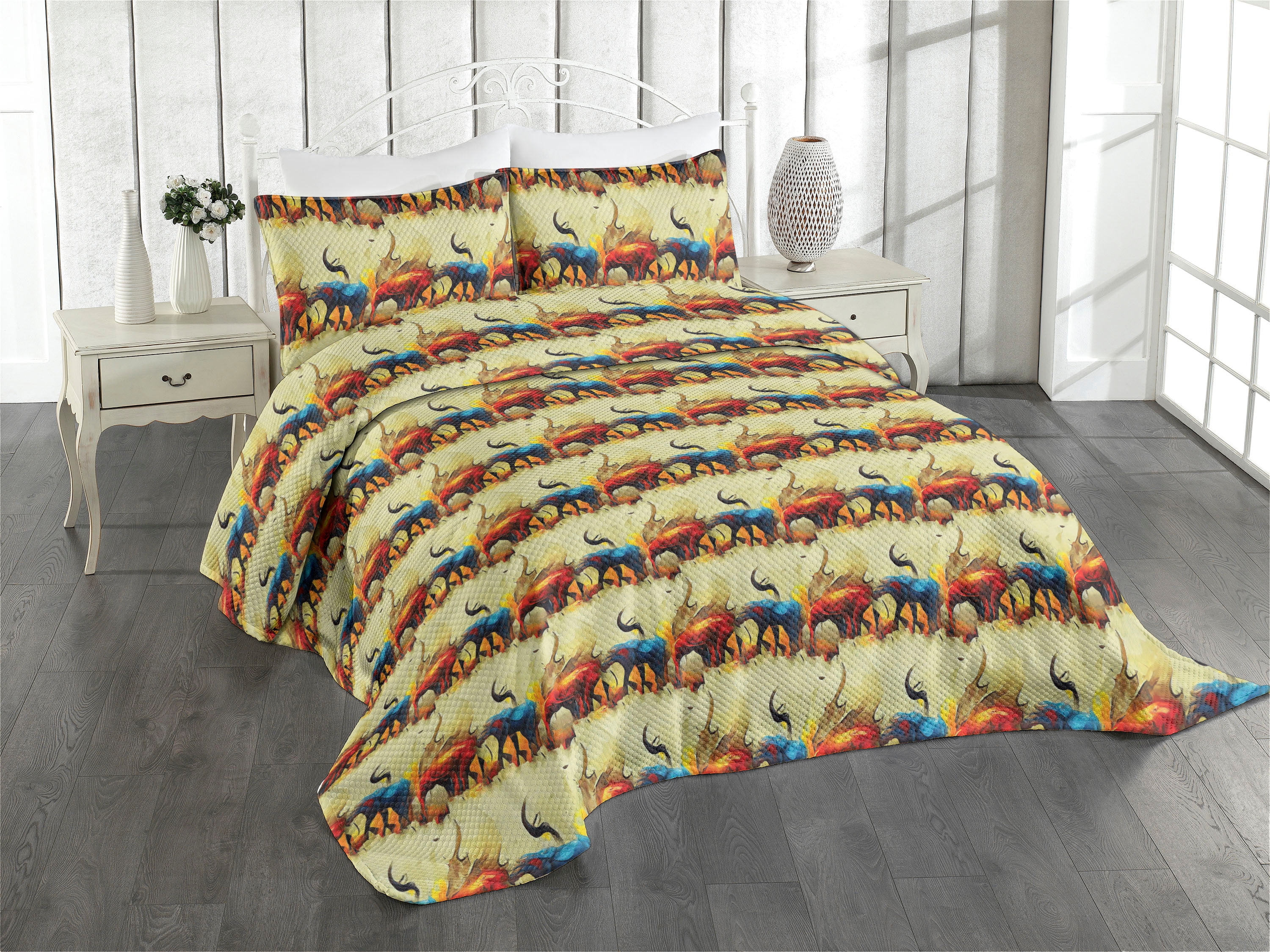Ambesonne Animals Quilted Coverlet 3 Pcs, Ancient Elephant Sketch Art ...