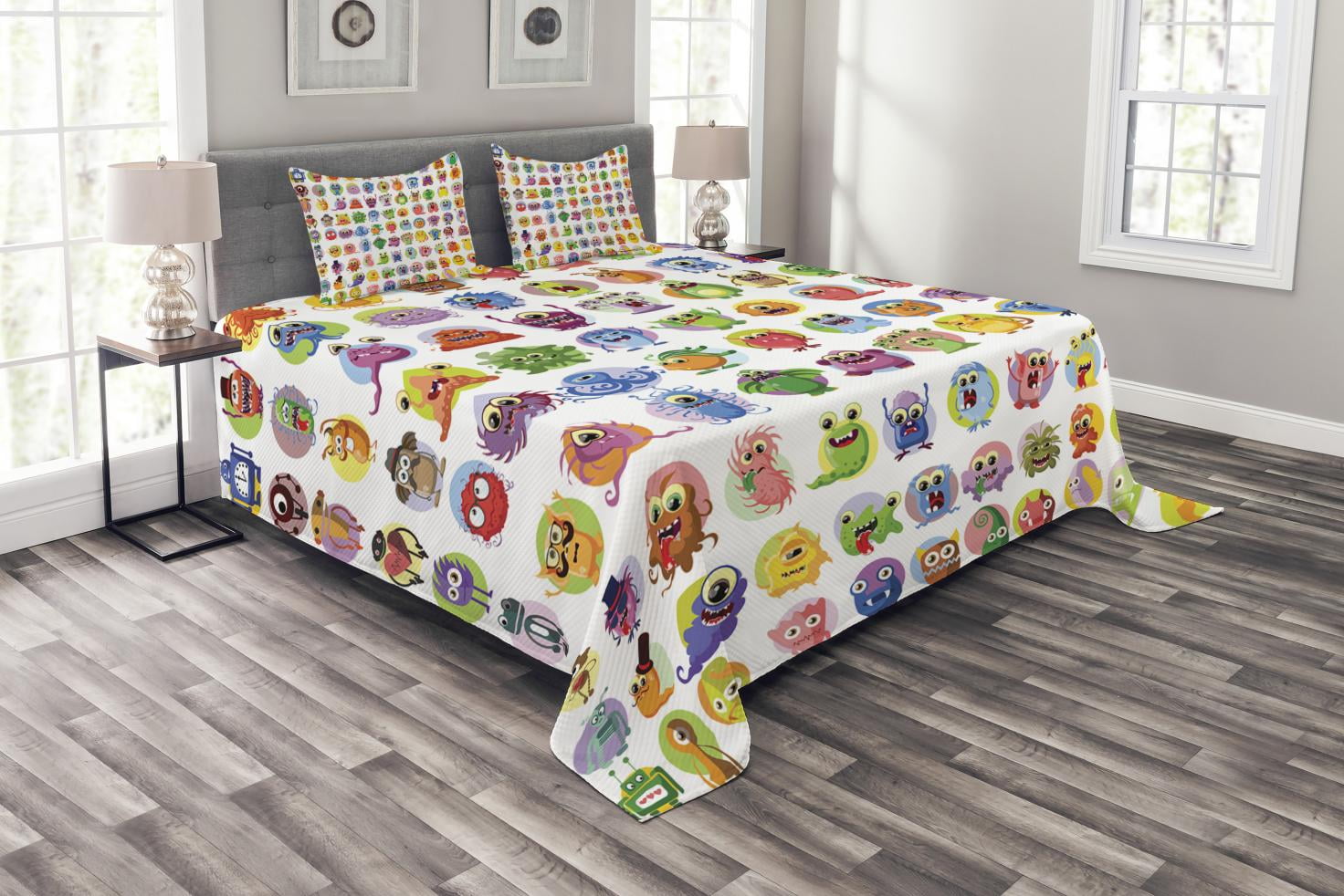 Ambesonne Animation Quilted Bedspread Set 3 Pcs, Mosters Cartoon, Queen ...