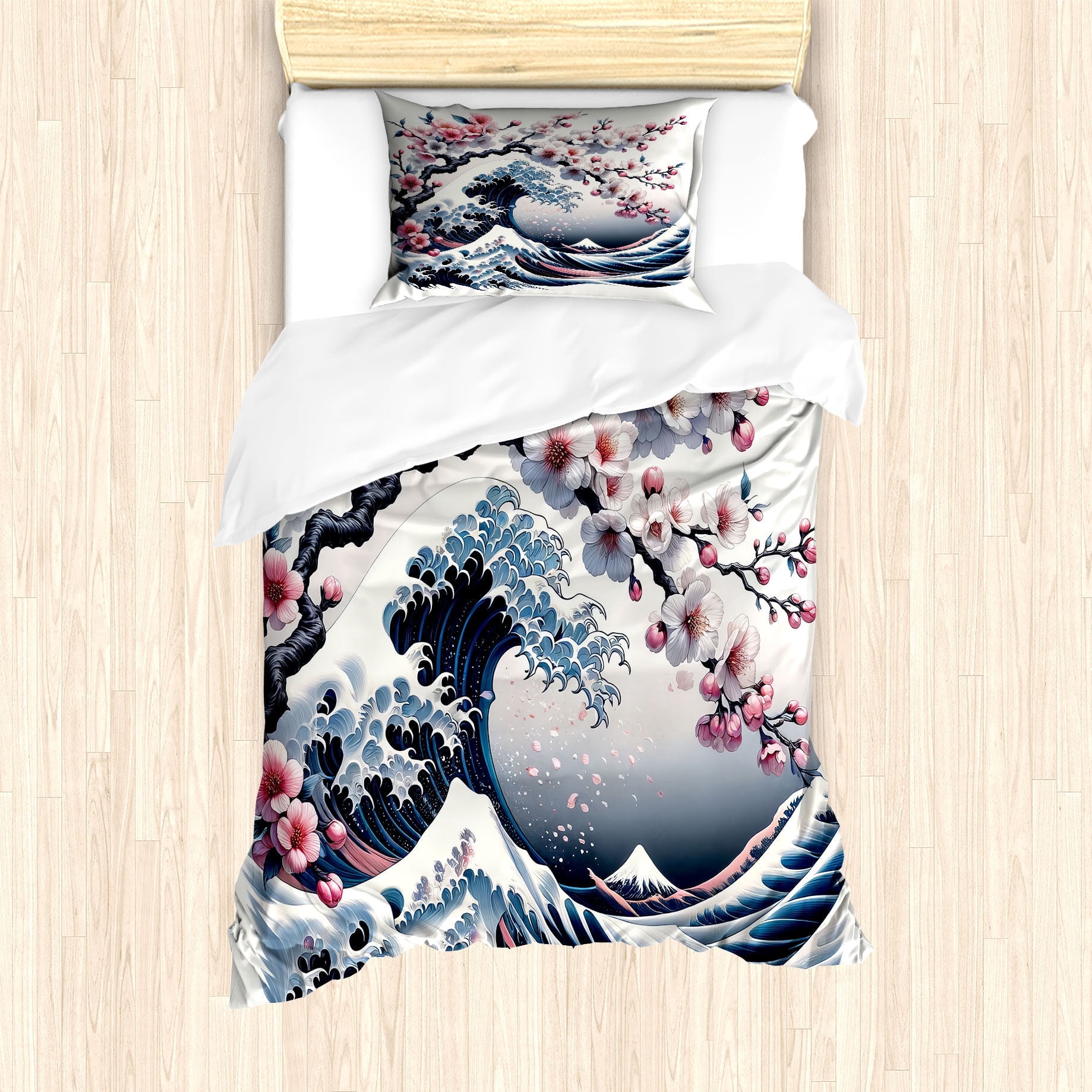 Ambesonne Anime Duvet Cover Set, Classic Wave and Cherry Bloom, Twin ...
