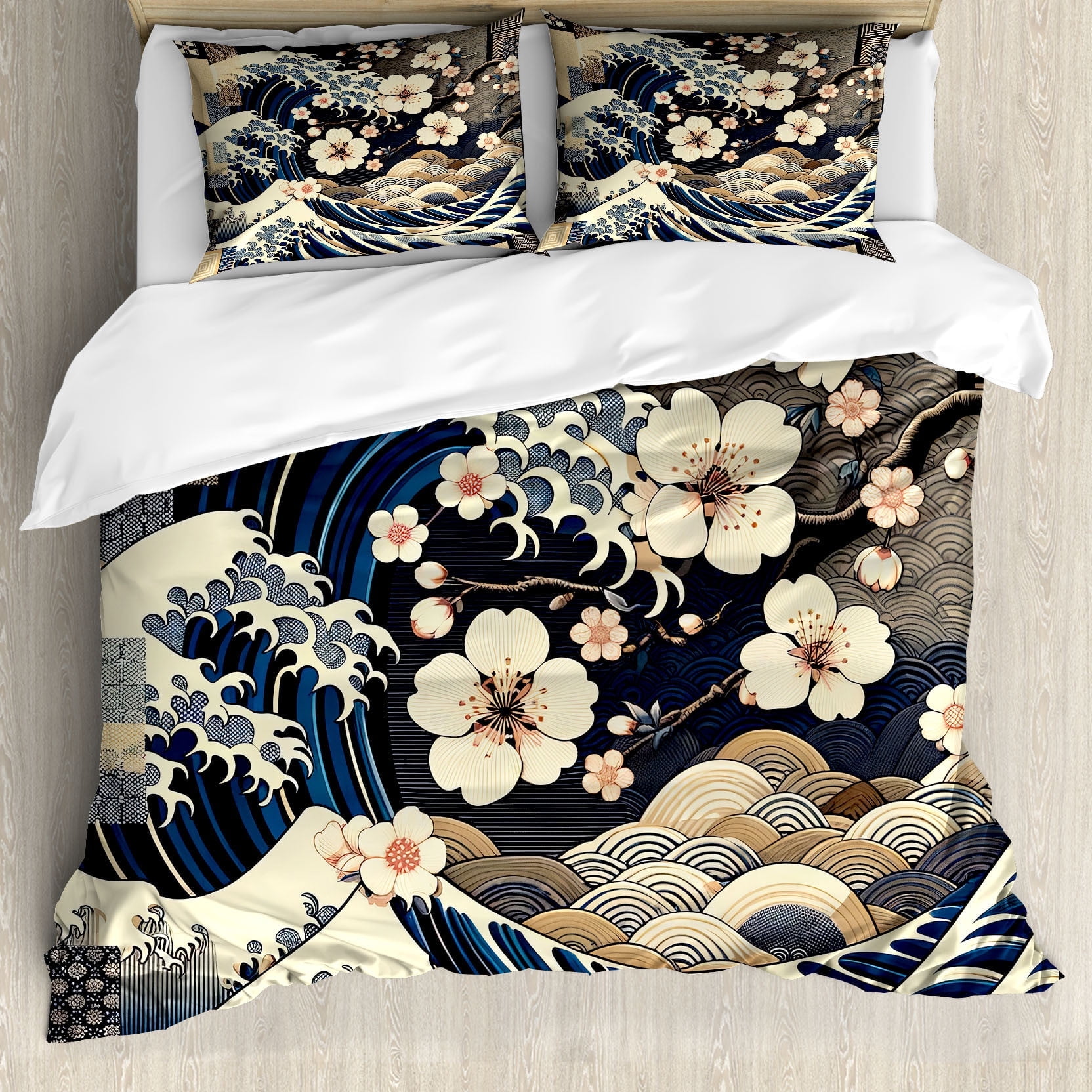 Ambesonne Anime Duvet Cover Set, Squama Scale Sakura and Waves, King ...