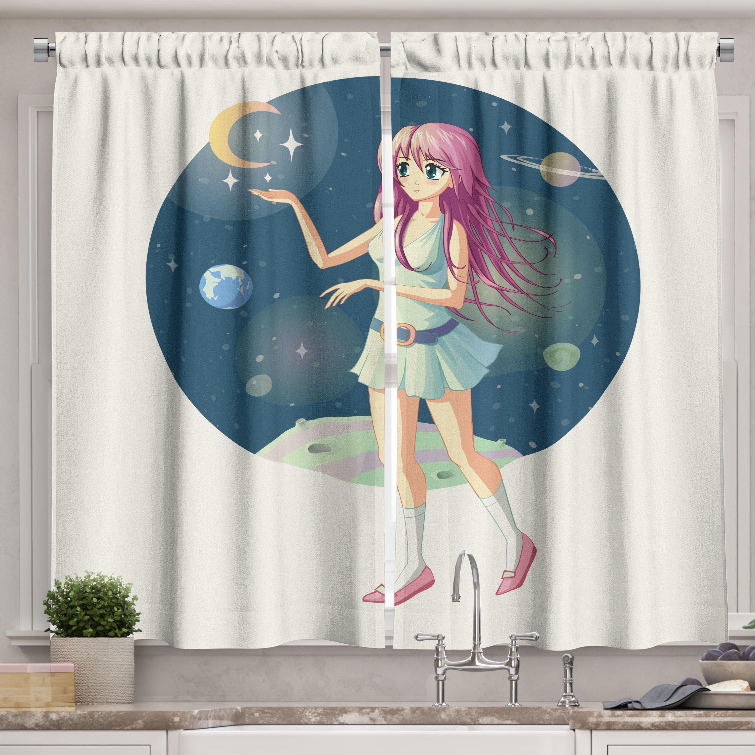 Ambesonne Anime Kitchen Curtains, Girl with Stars in Space, 55"x39 ...