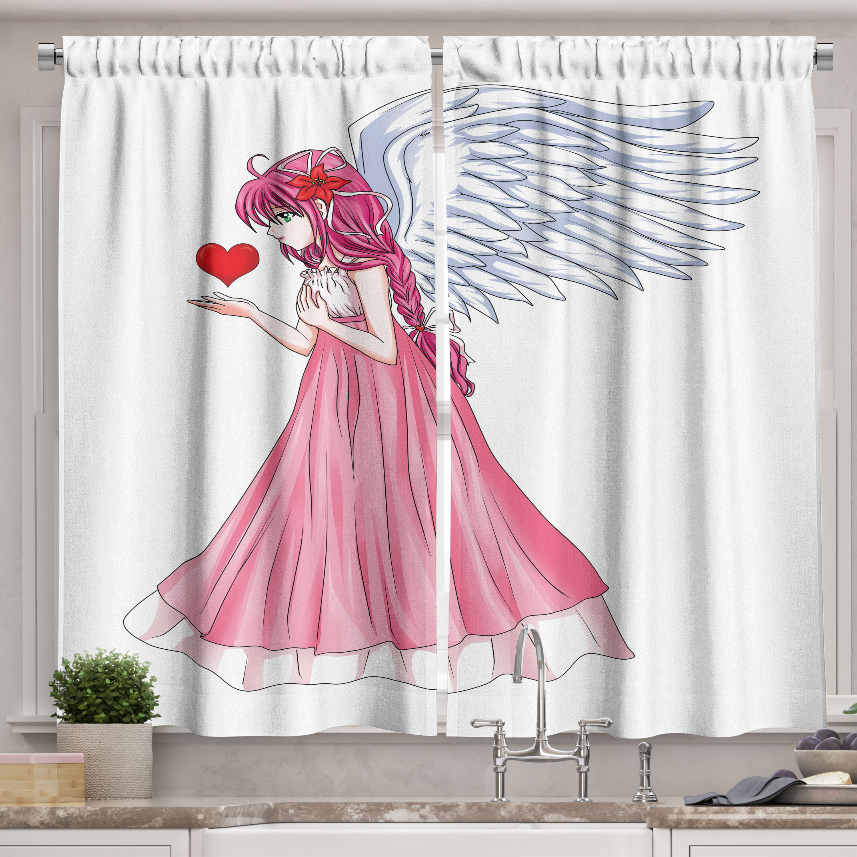 Ambesonne Anime Kitchen Curtains, Lady Holding a Red Heart Art, 55"x39 ...