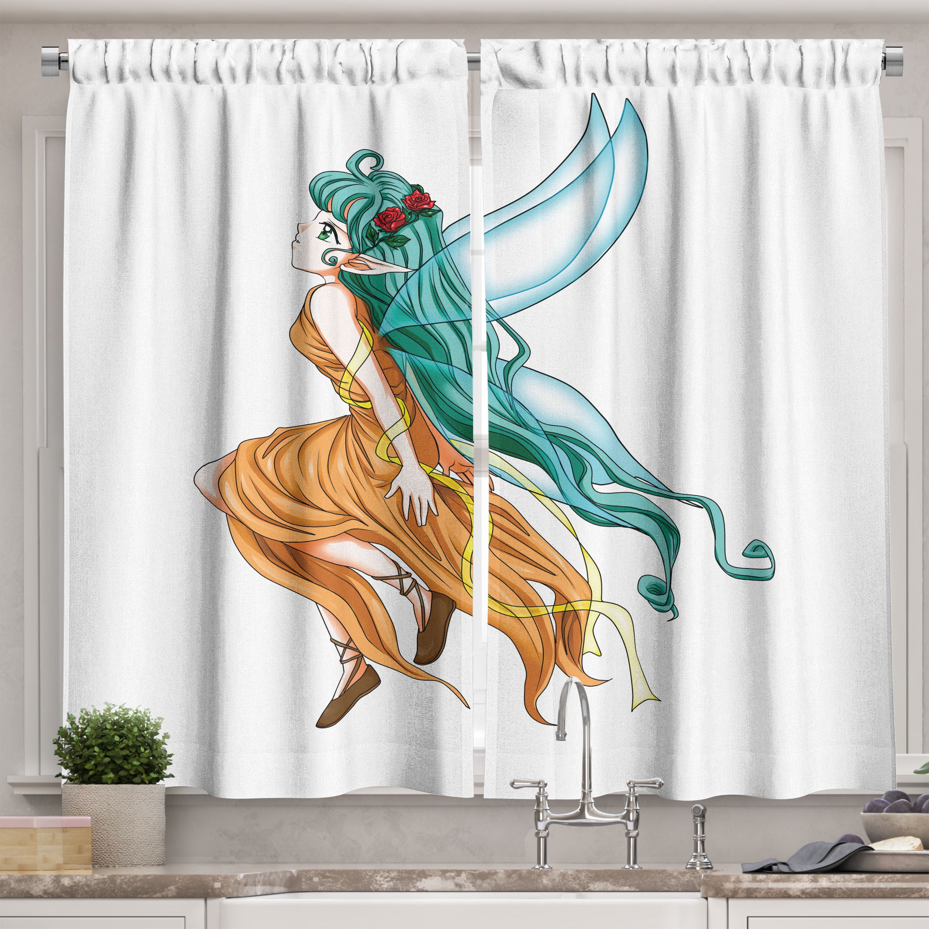 Ambesonne Anime Kitchen Curtains, Pixie Girl Elf Green Hair, 55"x39 ...