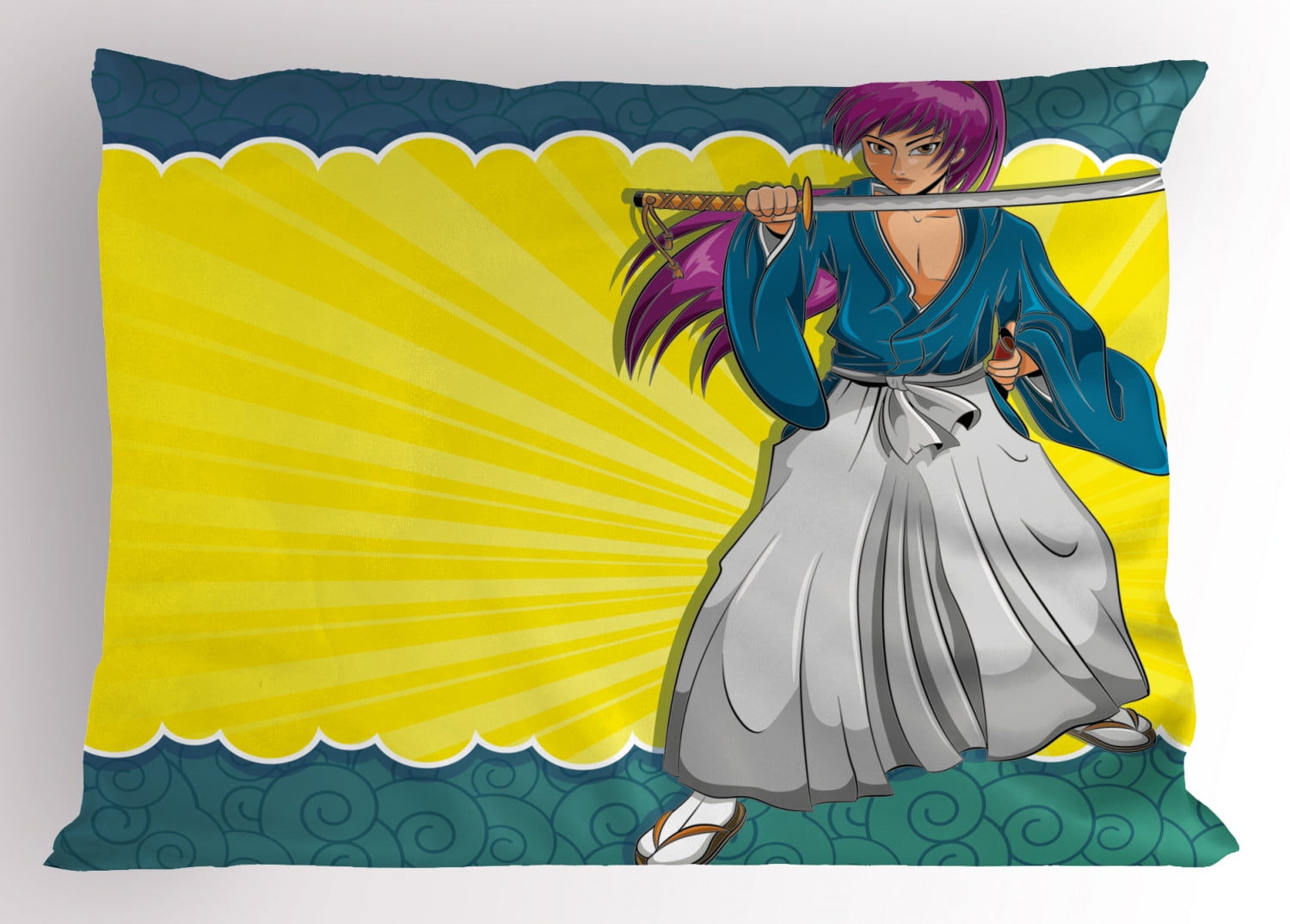 Ambesonne Anime Pillow Sham, Manga Style Samurai Girl, 26" X 20 ...