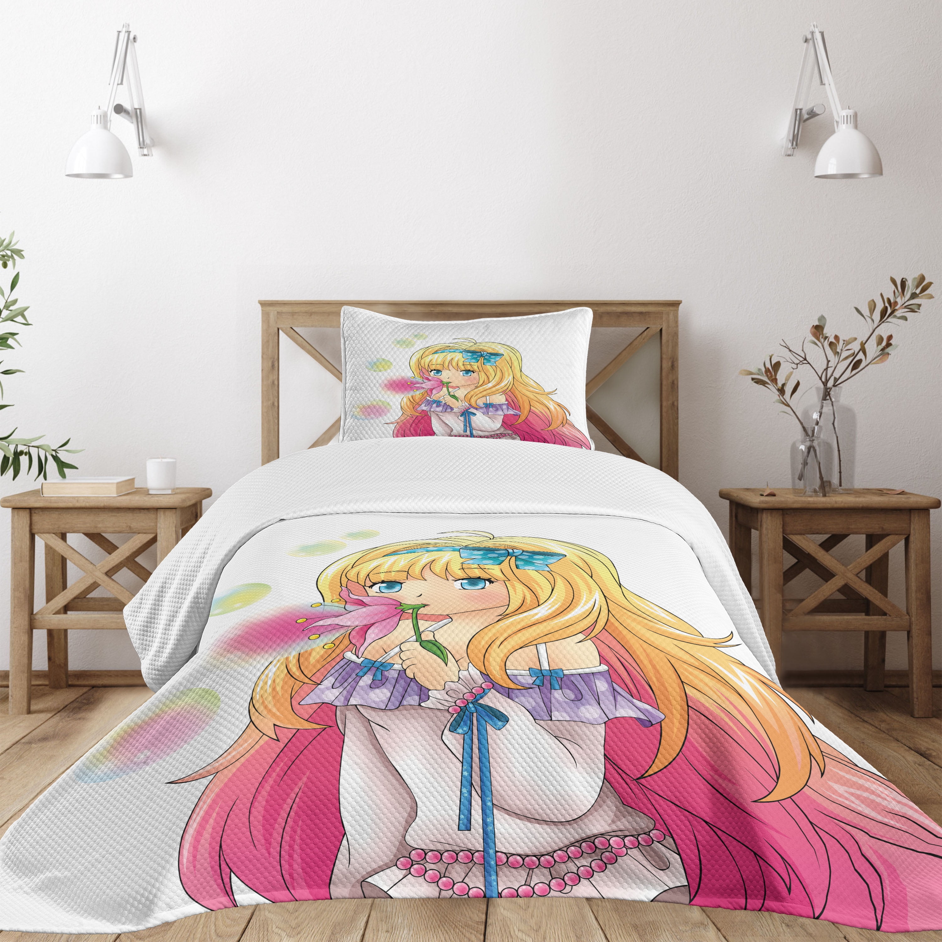 Ambesonne Anime Quilted Bedspread Set 2 Pcs, Manga Cartoon Art, Twin ...