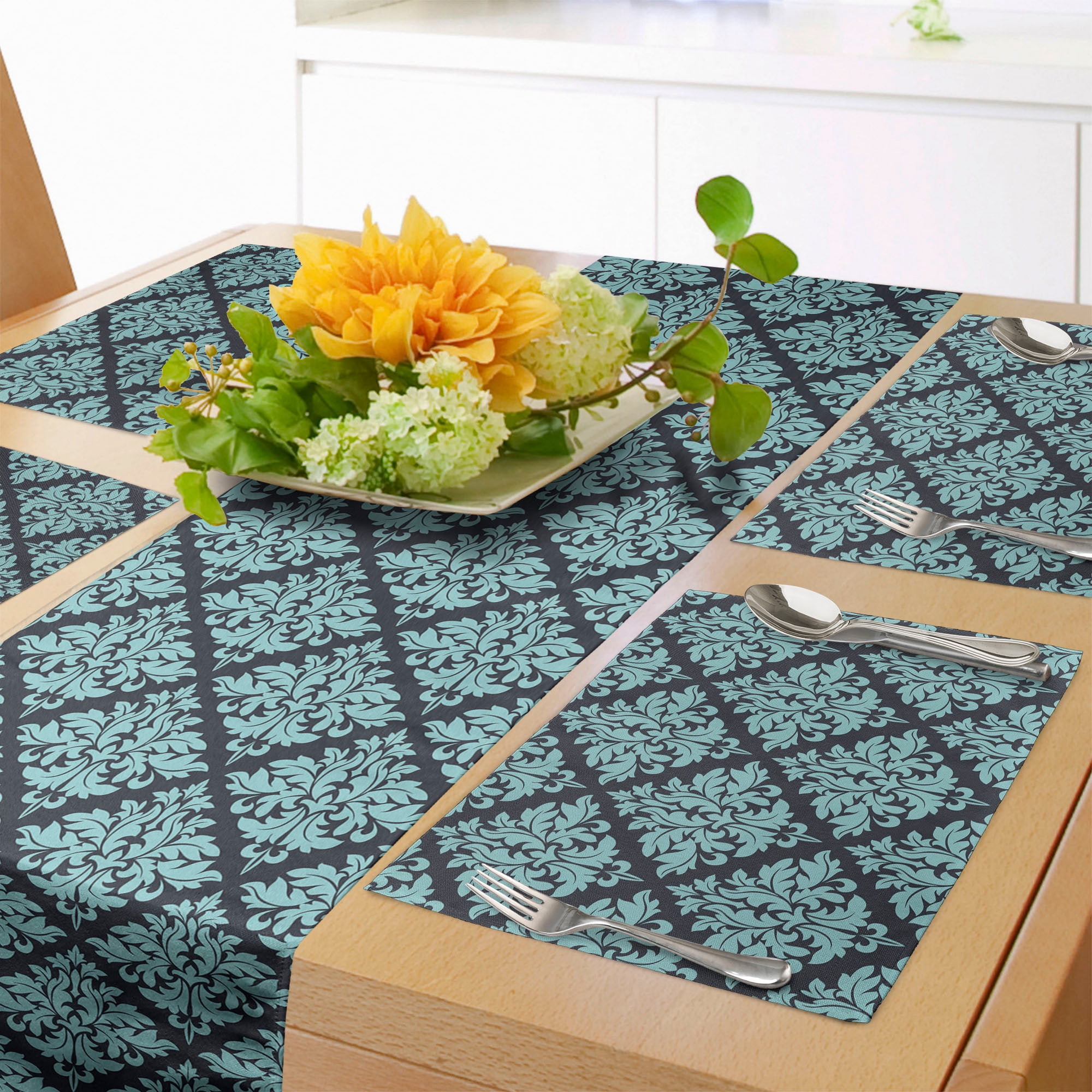 Ambesonne Antique Oriental Table Runner & Placemats, Retro Blue Damask, Placemat 4 pcs + Runner ...