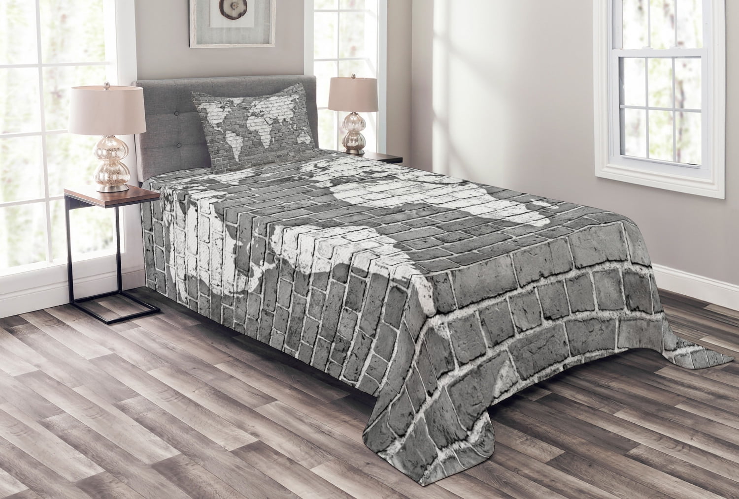 Ambesonne Antique Quilted Bedspread Set 2 Pcs, World Map on Old Brick ...