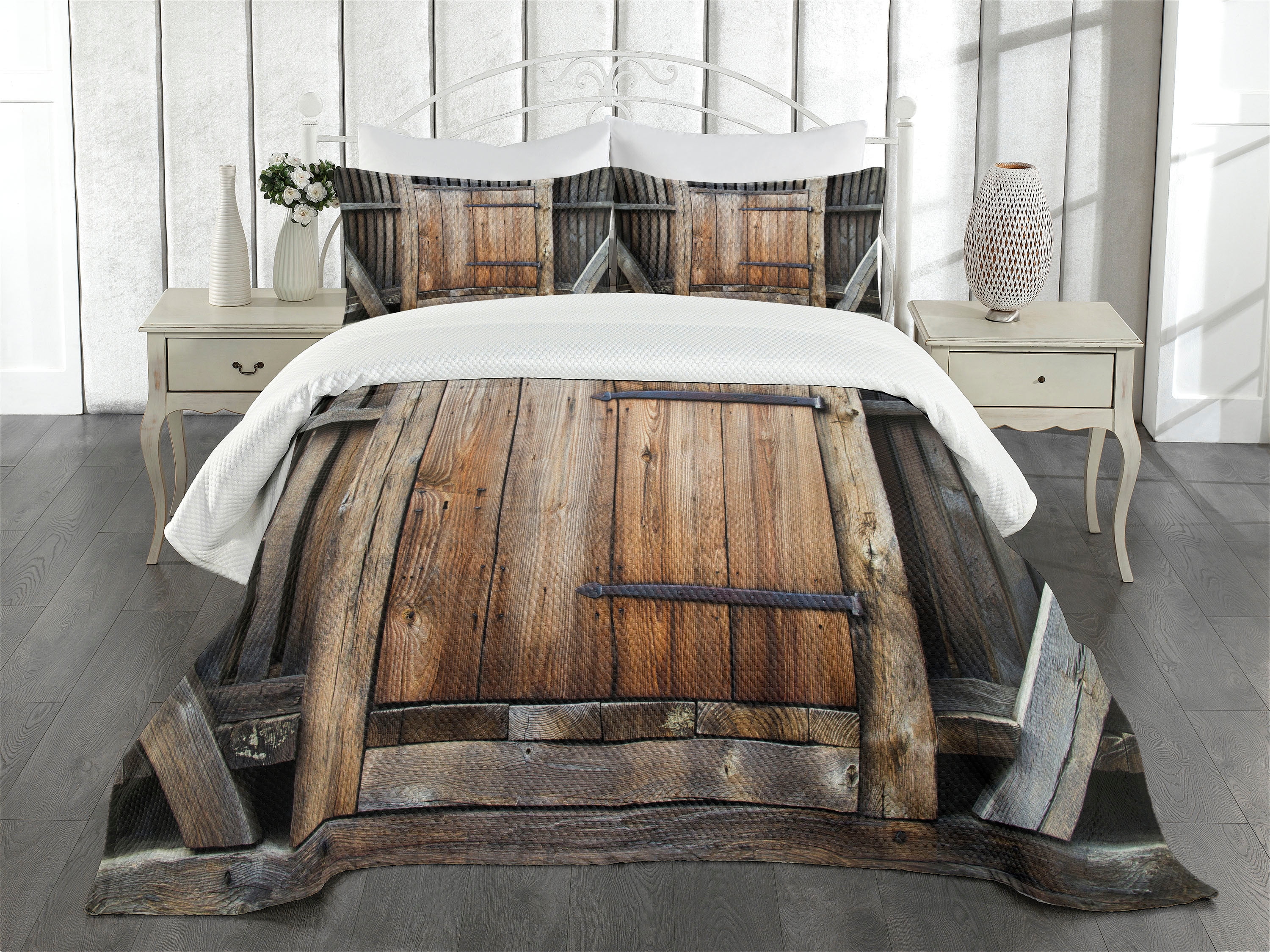 Ambesonne Antique Quilted Bedspread Set 3 Pcs, Rustic Rural Wood Door ...