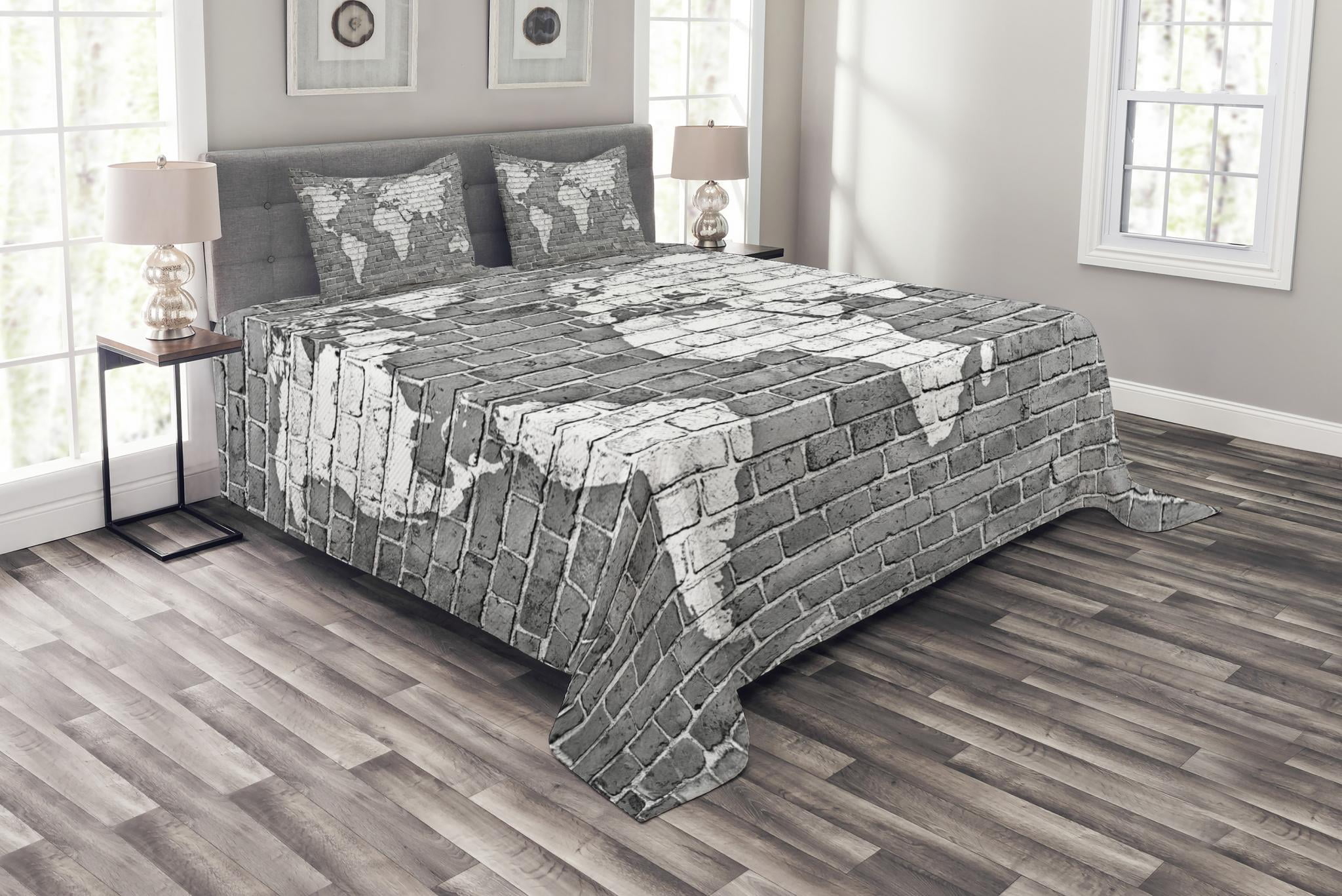 Ambesonne Antique Quilted Bedspread Set 3 Pcs, World Map on Old Brick ...