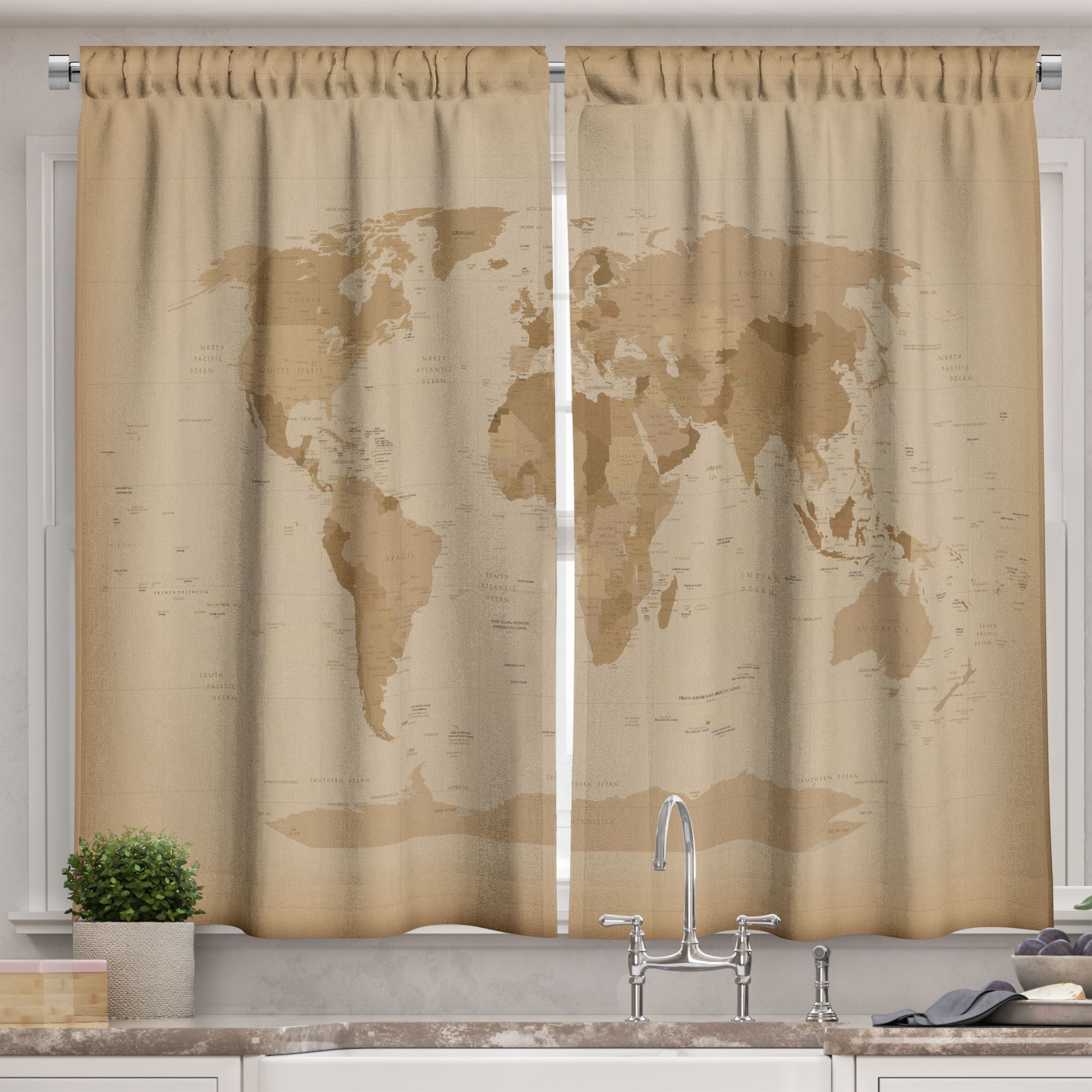 Ambesonne Antique World Map Kitchen Curtains, Brown Hued Lands, 55"x45 ...