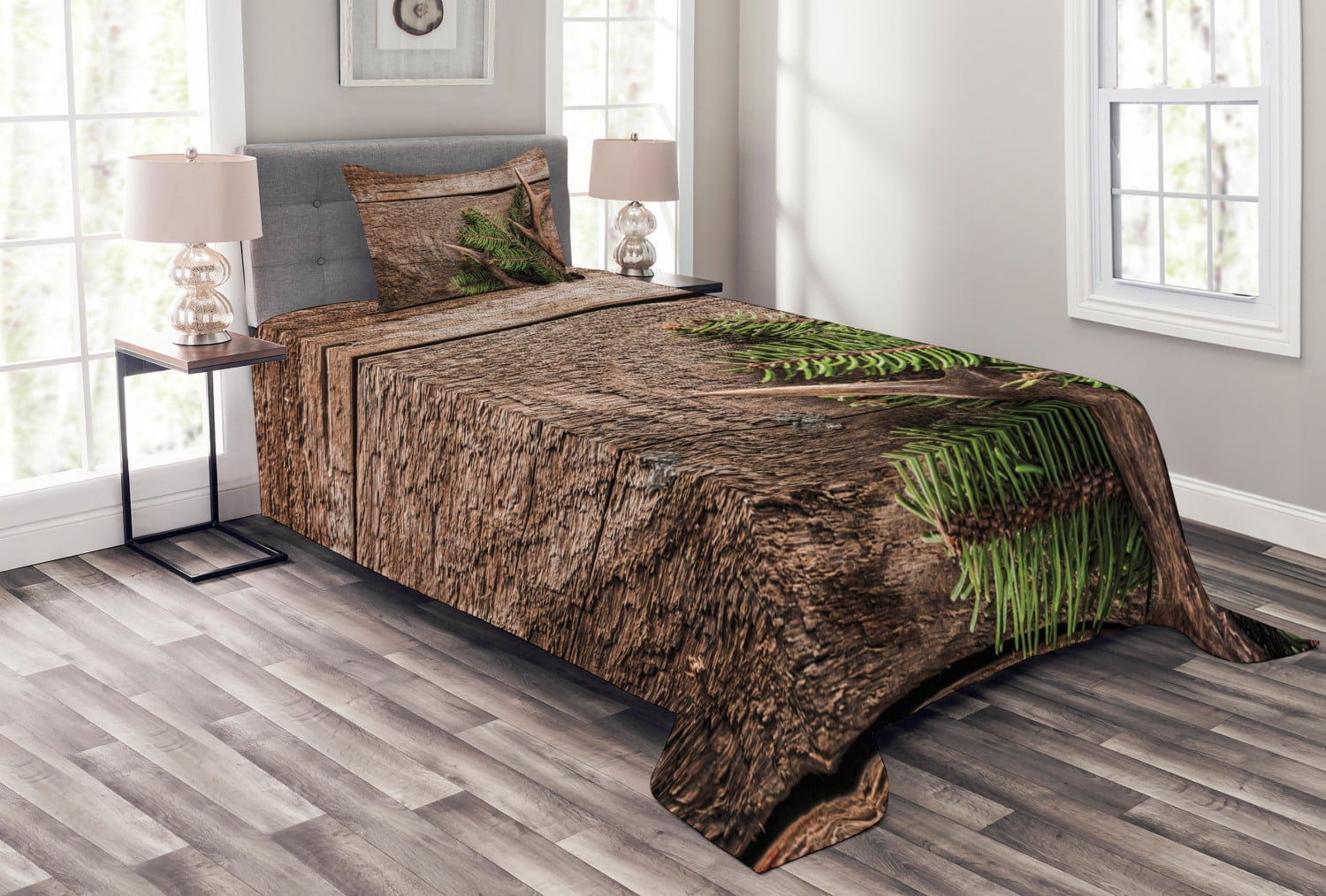 Ambesonne Antlers Quilted Bedspread Set 2 Pcs, Evergreen Branch Deer ...