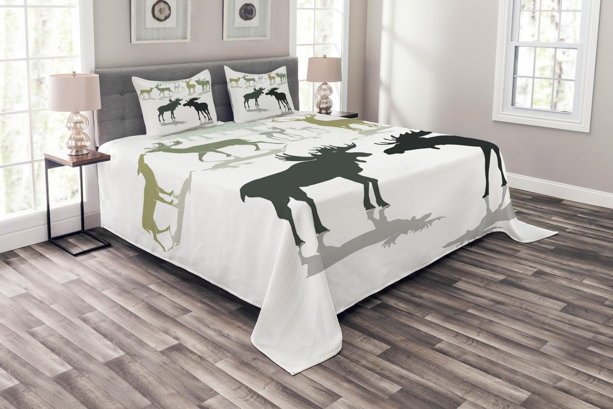Ambesonne Antlers Quilted Bedspread Set 3 Pcs, Elk Deer Fawn Forest ...