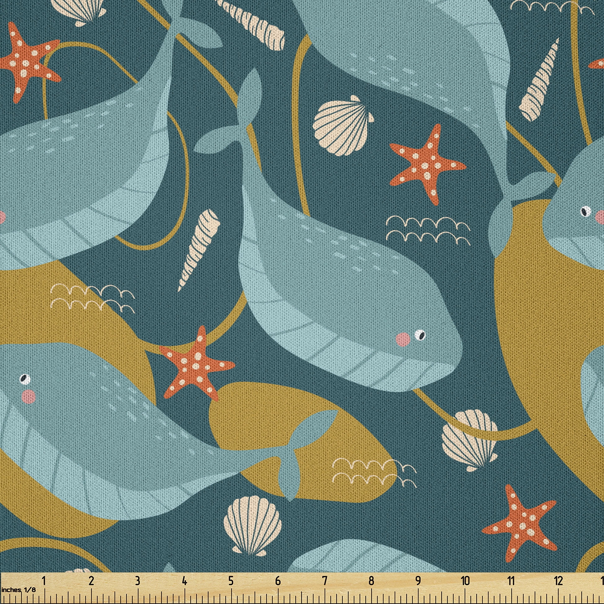 Ambesonne Aqua Fabric by the Yard Microfiber, Pattern of Whale Seashell ...