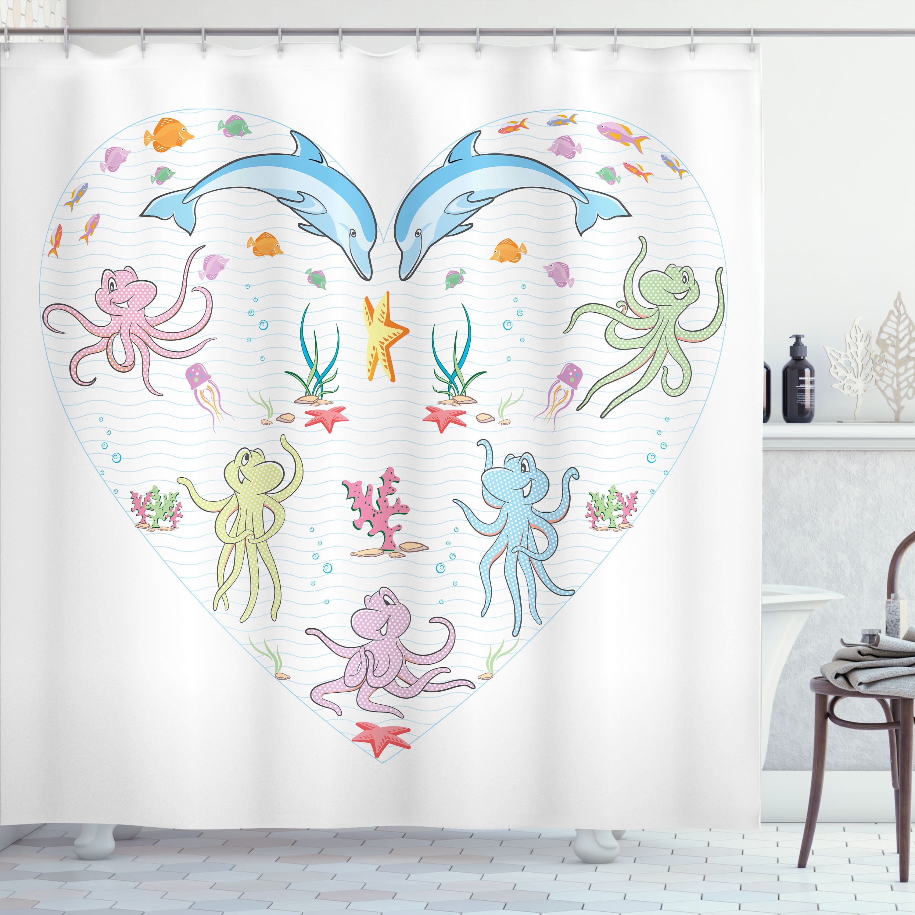 Ambesonne Aqua Jellyfish Shower Curtain, Dolphins Octopus, 69"Wx75"L ...