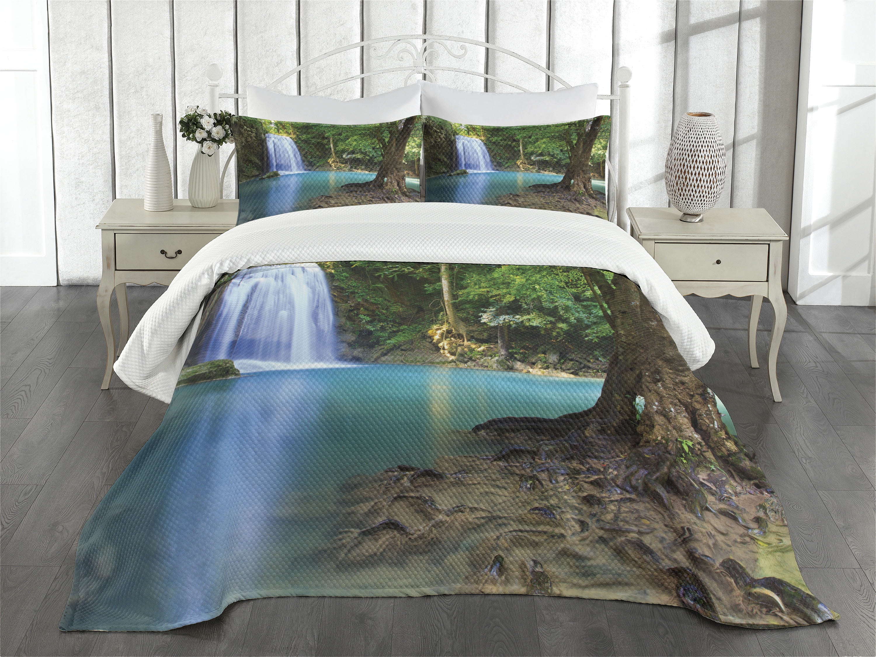 Ambesonne Aqua Quilted Bedspread Set 3 Pcs, Asia Thailand Jungle Trees ...