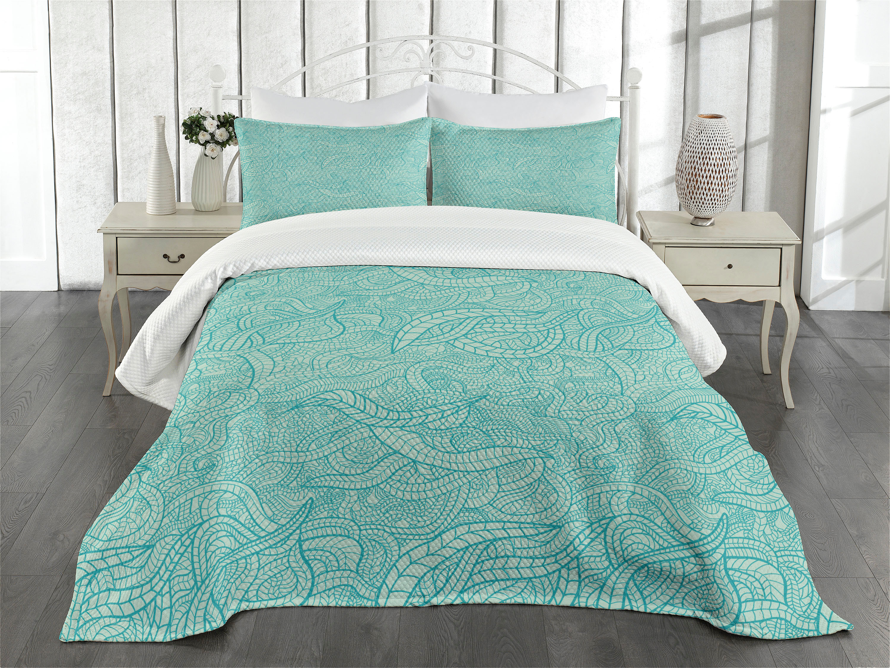 Ambesonne Aqua Quilted Bedspread Set 3 Pcs, Vintage Botanic Leaves ...