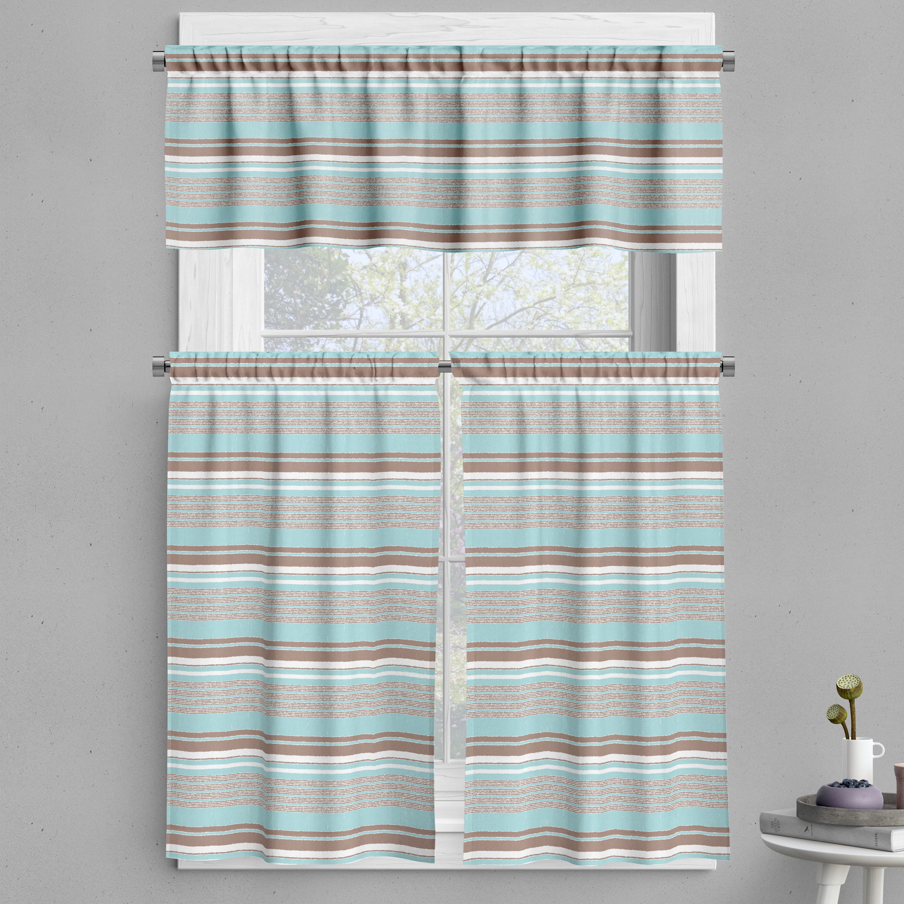 Ambesonne Aqua Valance & Curtain, Horizontal Stripes Lines, 55"x24 ...
