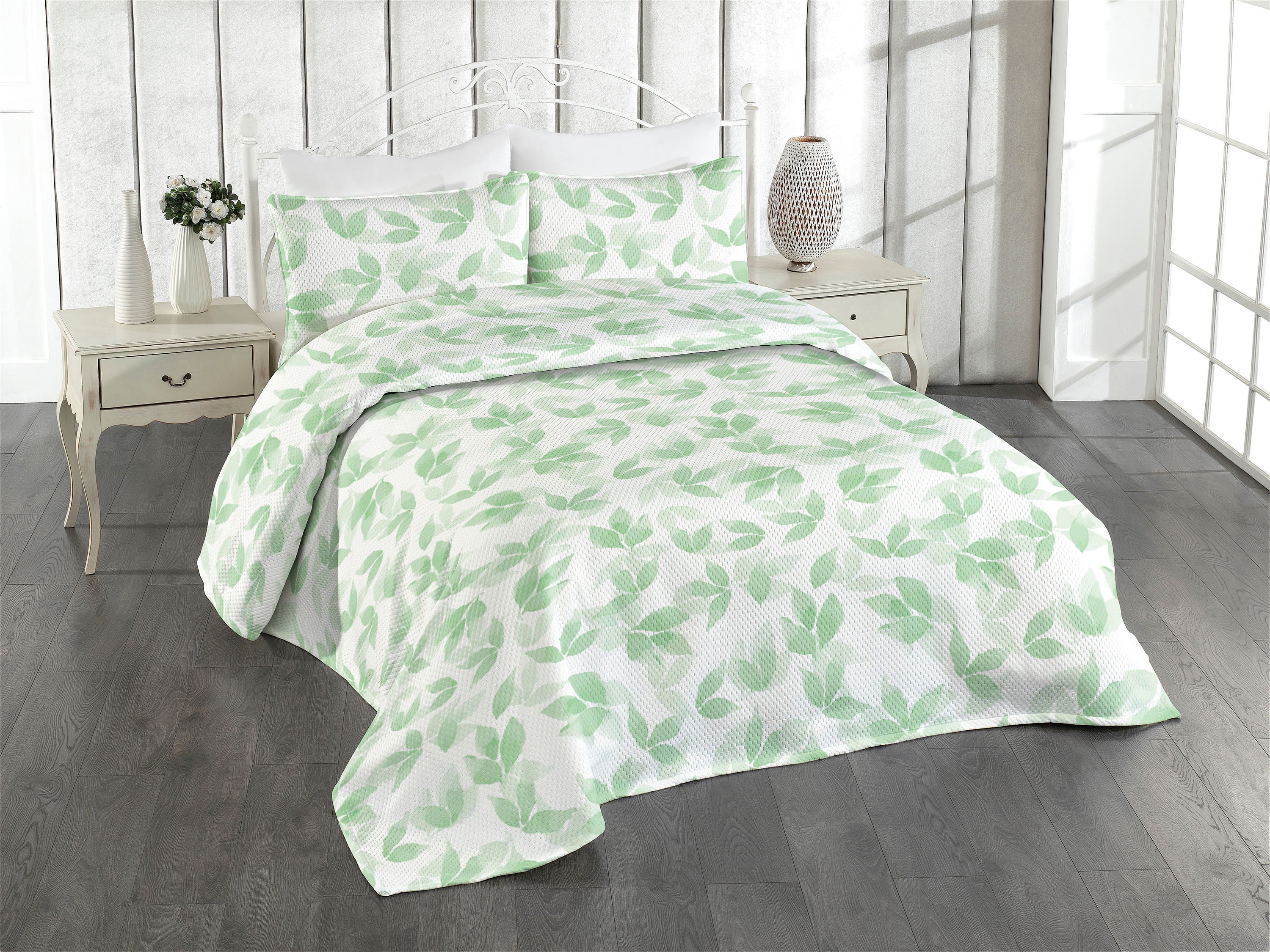 Ambesonne Aquarelle Leaves Quilted Bedspread Set 3 Pcs, Art Modern ...