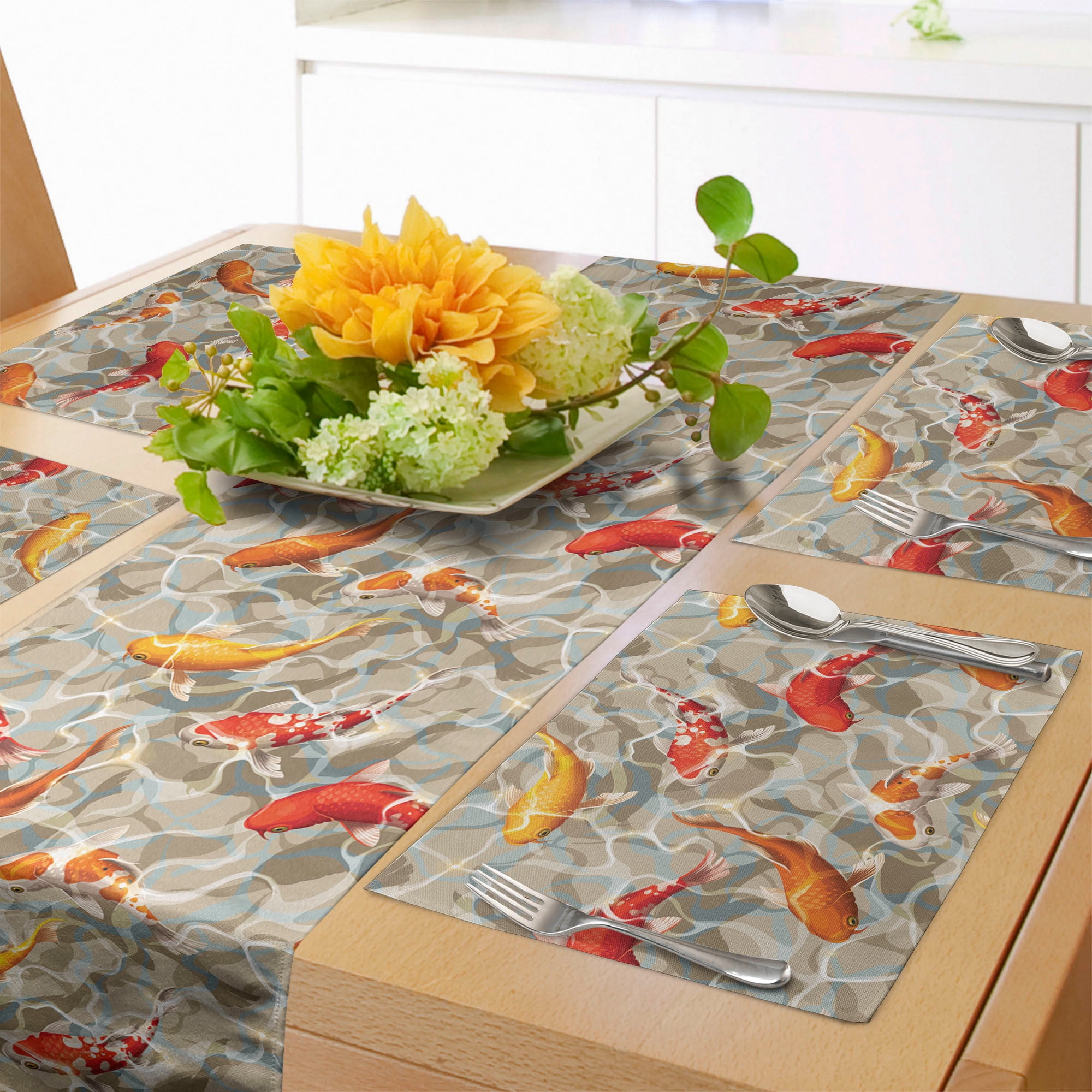 Ambesonne Aquatic Table Runner & Placemats, Japan Koi Fishes Marine ...
