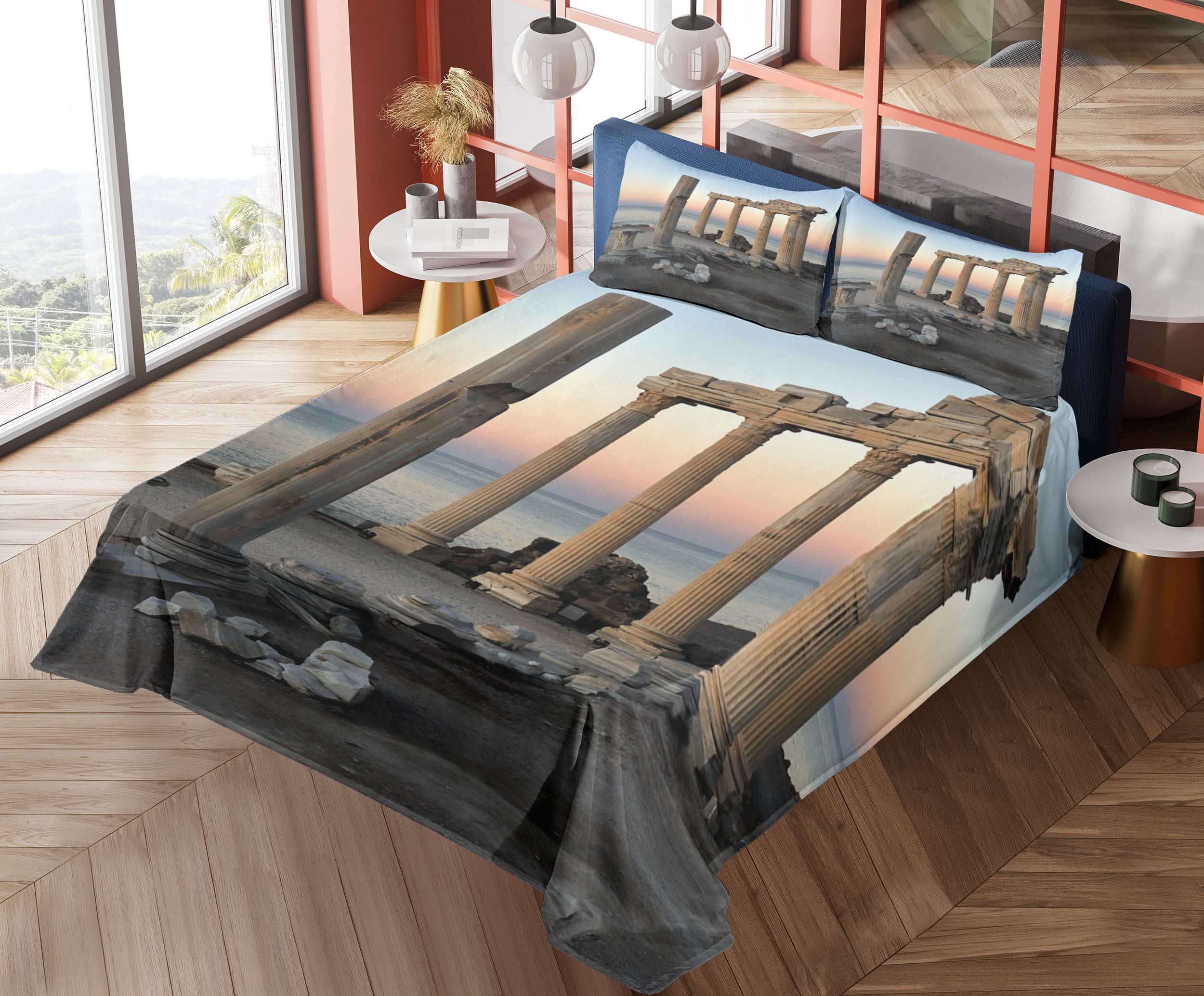 Ambesonne Architecture Fitted & Top Sheet Set with Shams, Greece ...
