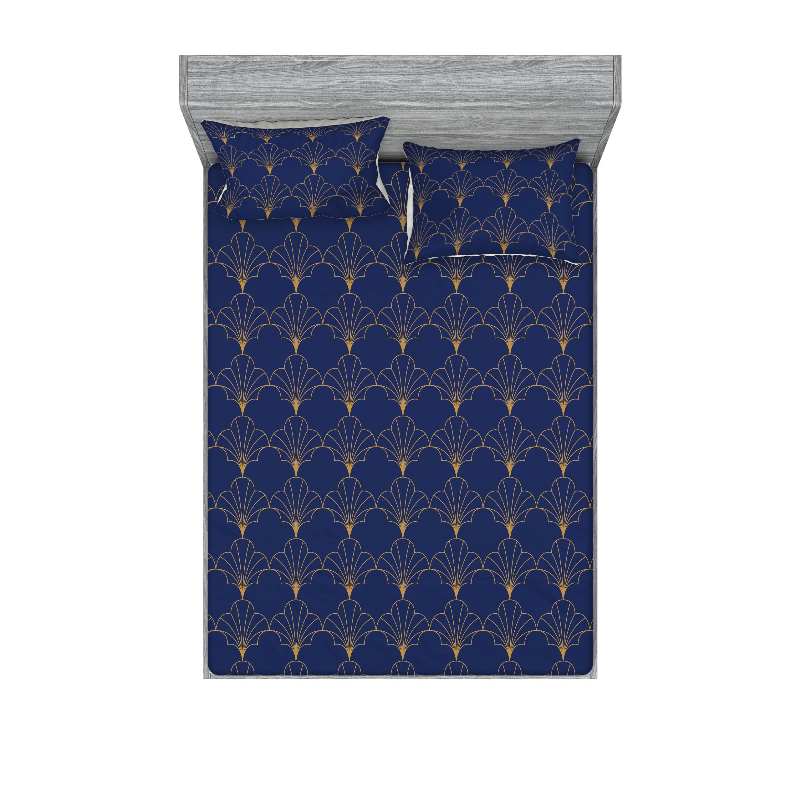 Ambesonne Art Deco Fitted Sheet & Pillow Sham Set, Navy Vintage Line ...
