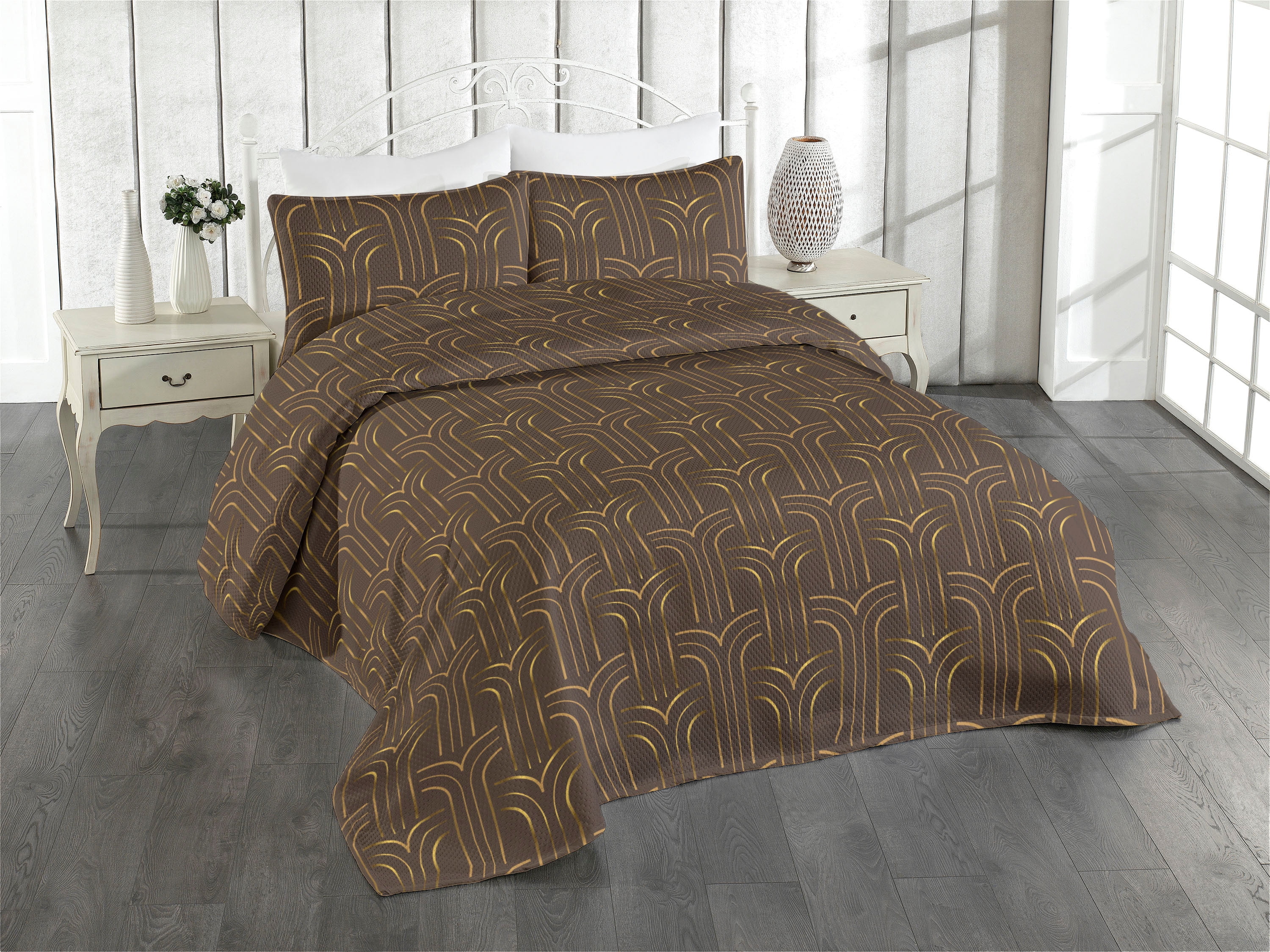 Ambesonne Art Deco Quilted Bedspread Set 3 Pcs, Abstract Curvy Lines ...