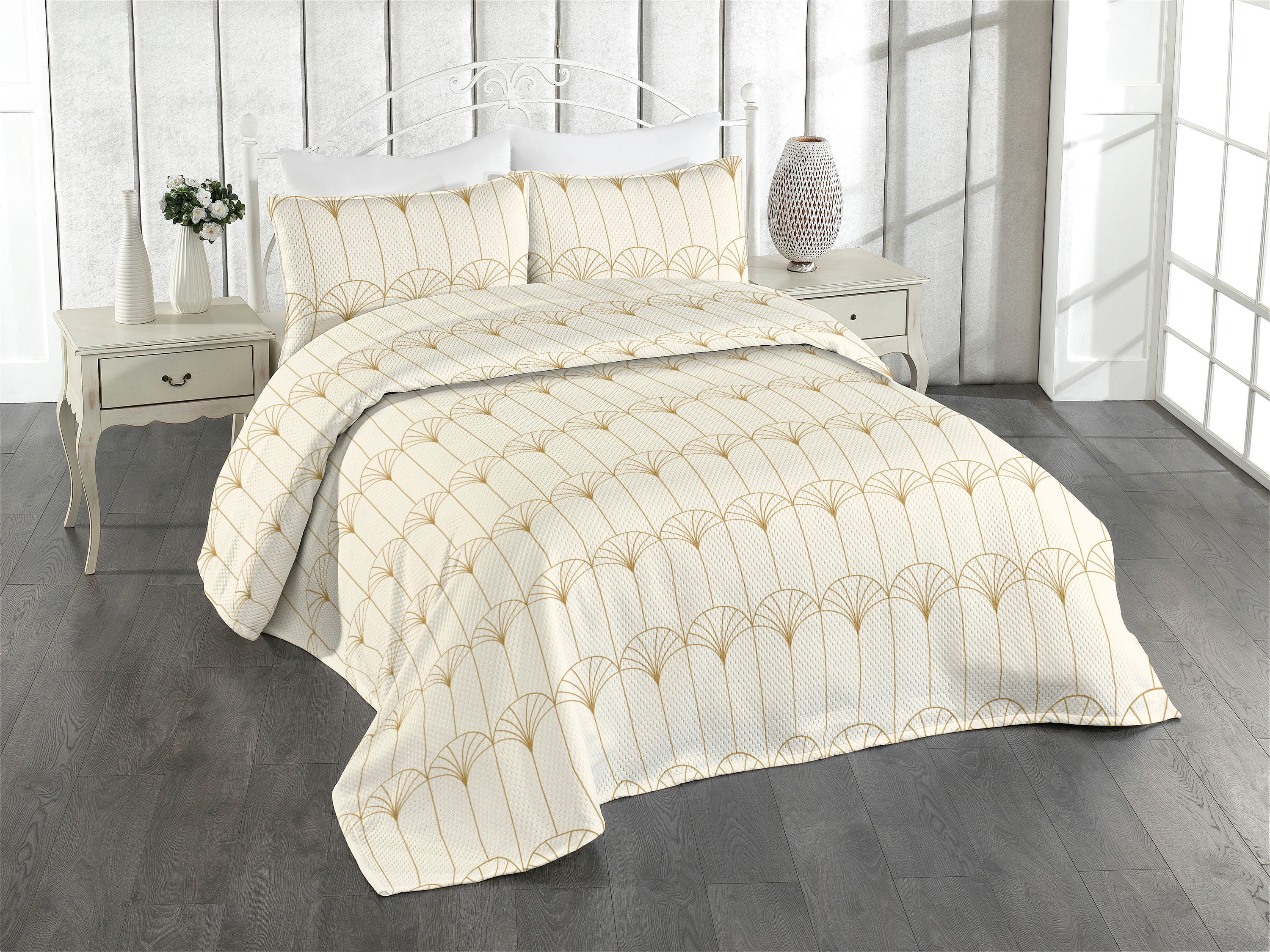 Ambesonne Art Deco Quilted Bedspread Set 3 Pcs, Eggshell Simple Vintage ...