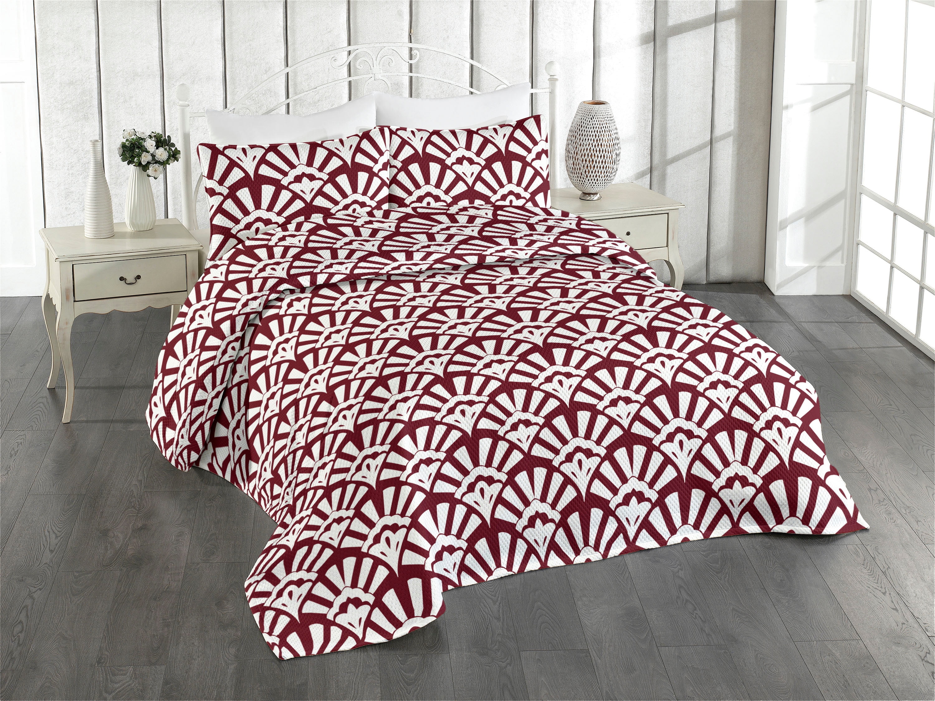 Ambesonne Art Deco Quilted Bedspread Set 3 Pcs, Lady Fan Motif Abstract ...