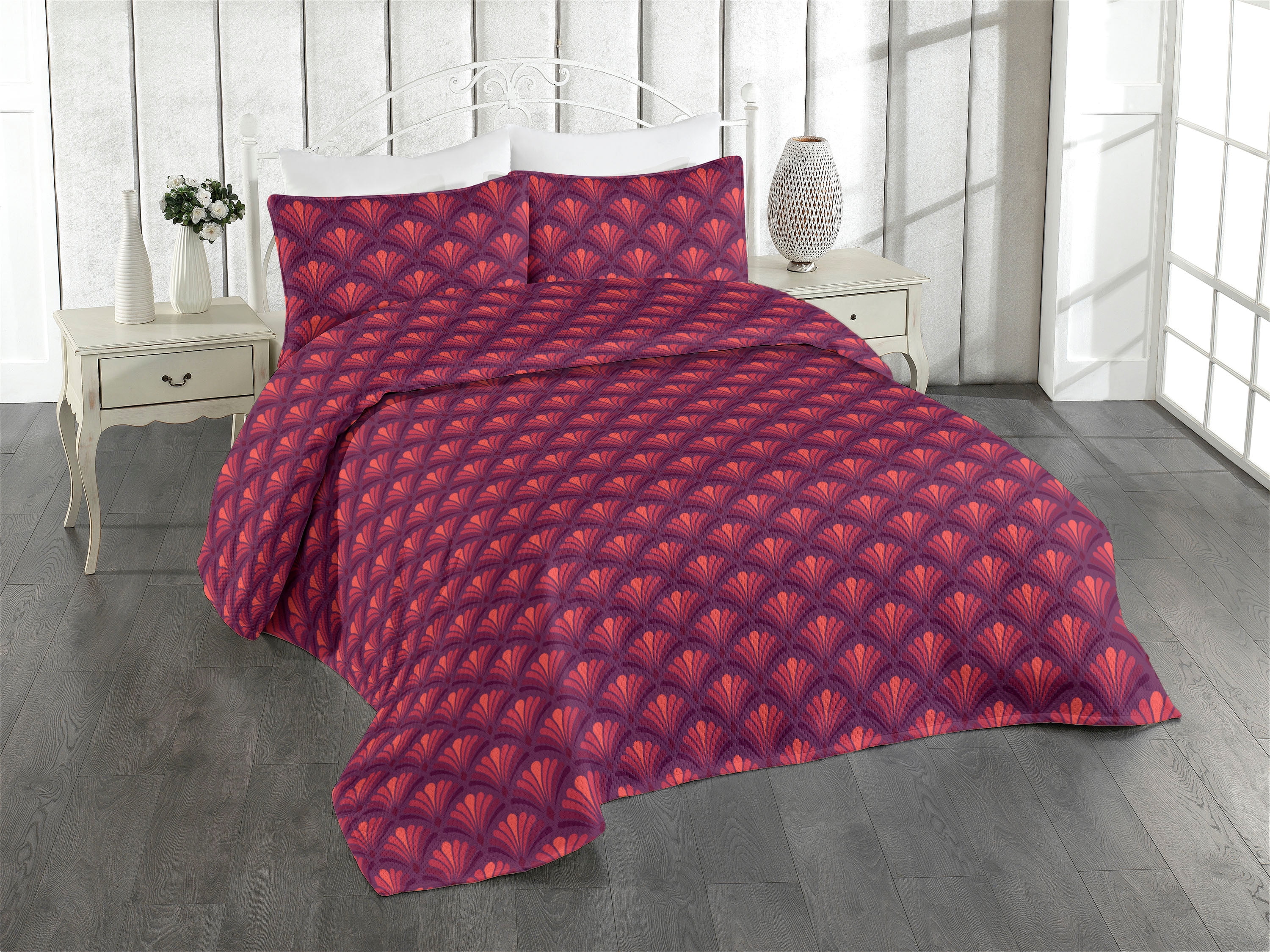 Ambesonne Art Deco Quilted Bedspread Set 3 Pcs, Nostalgic Shell Motif ...