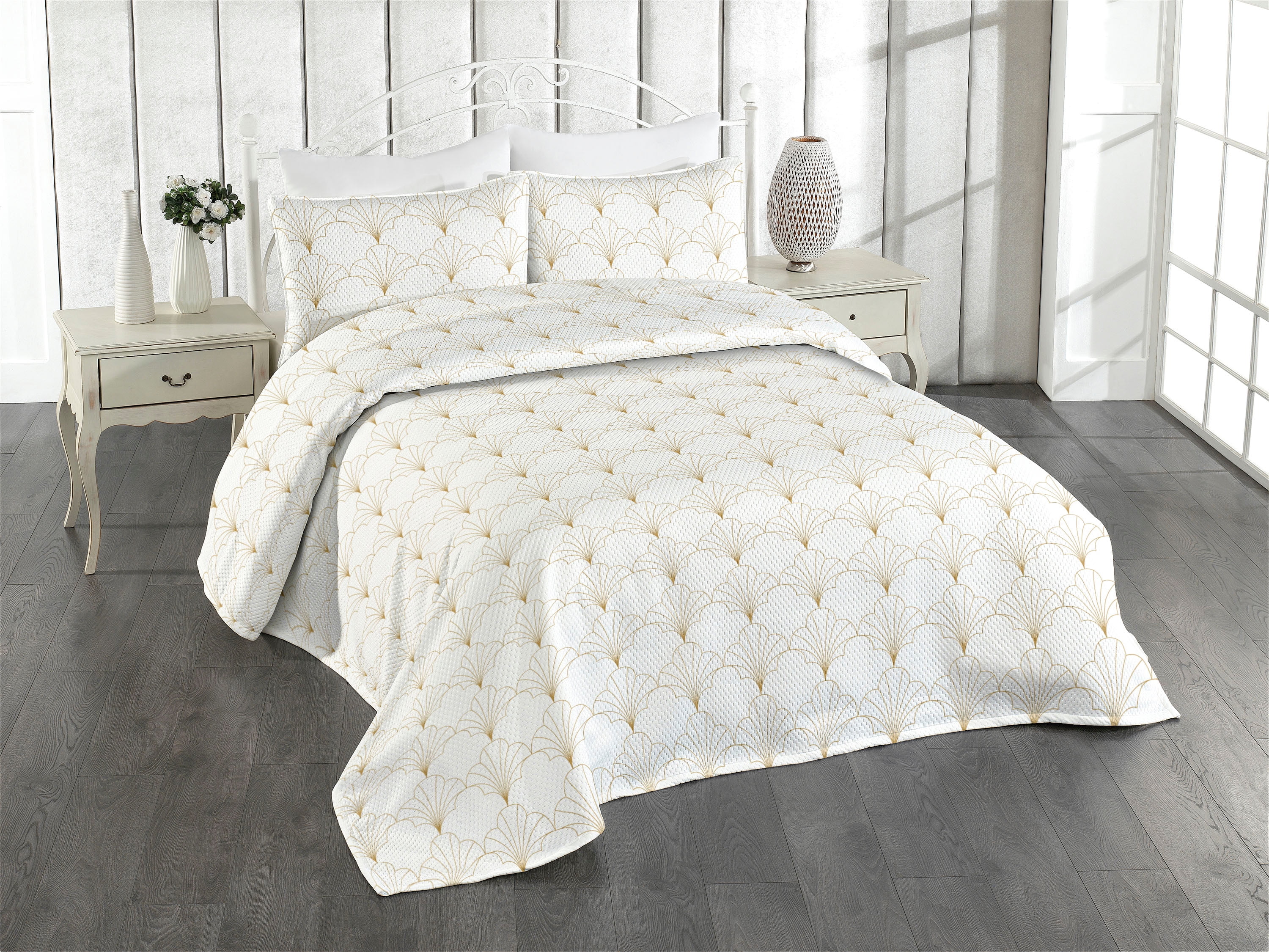 Ambesonne Art Deco Quilted Bedspread Set 3 Pcs, Off White Vintage ...