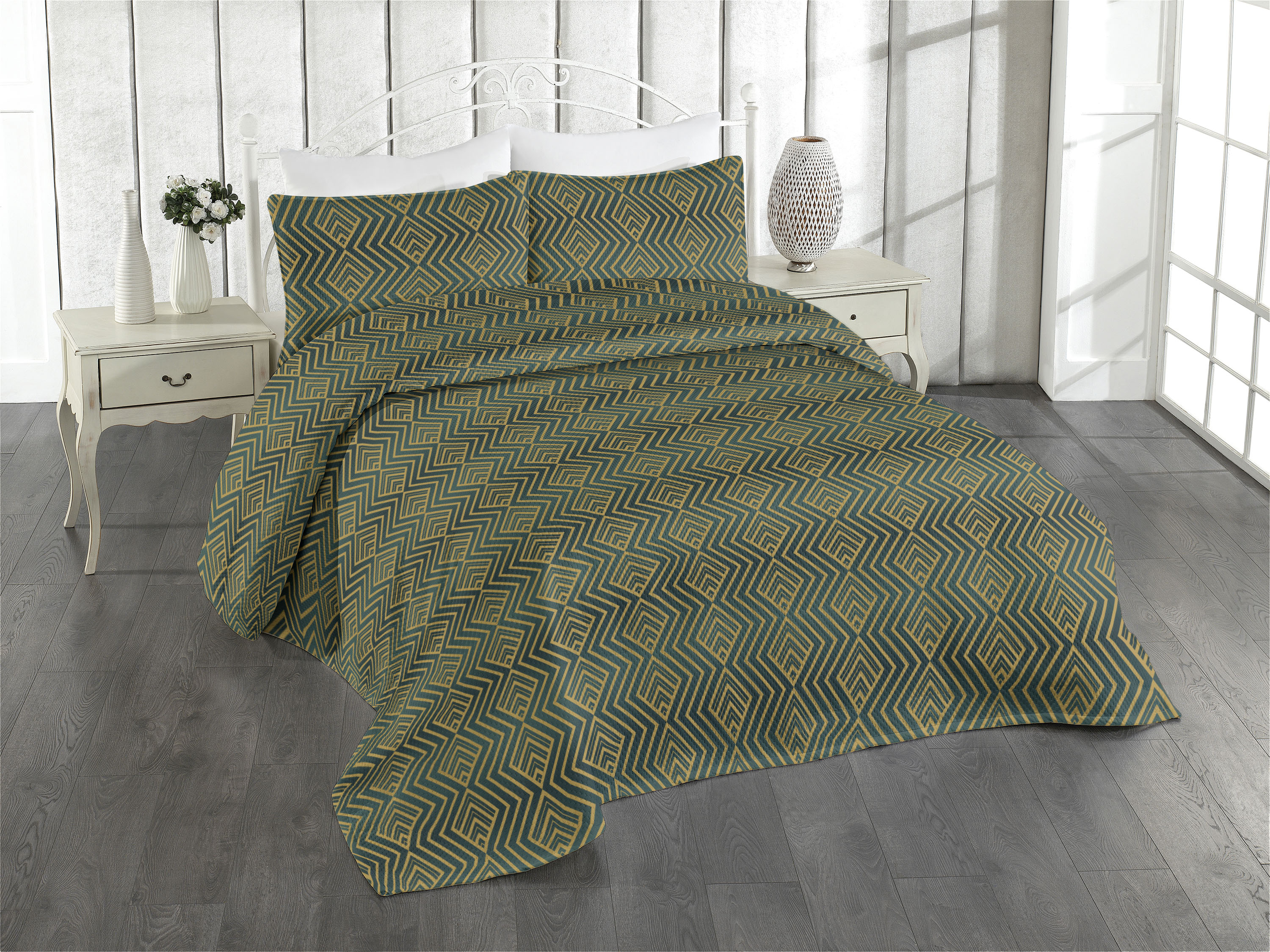 Ambesonne Art Deco Quilted Bedspread Set 3 Pcs, Retro Zigzag Drawing ...